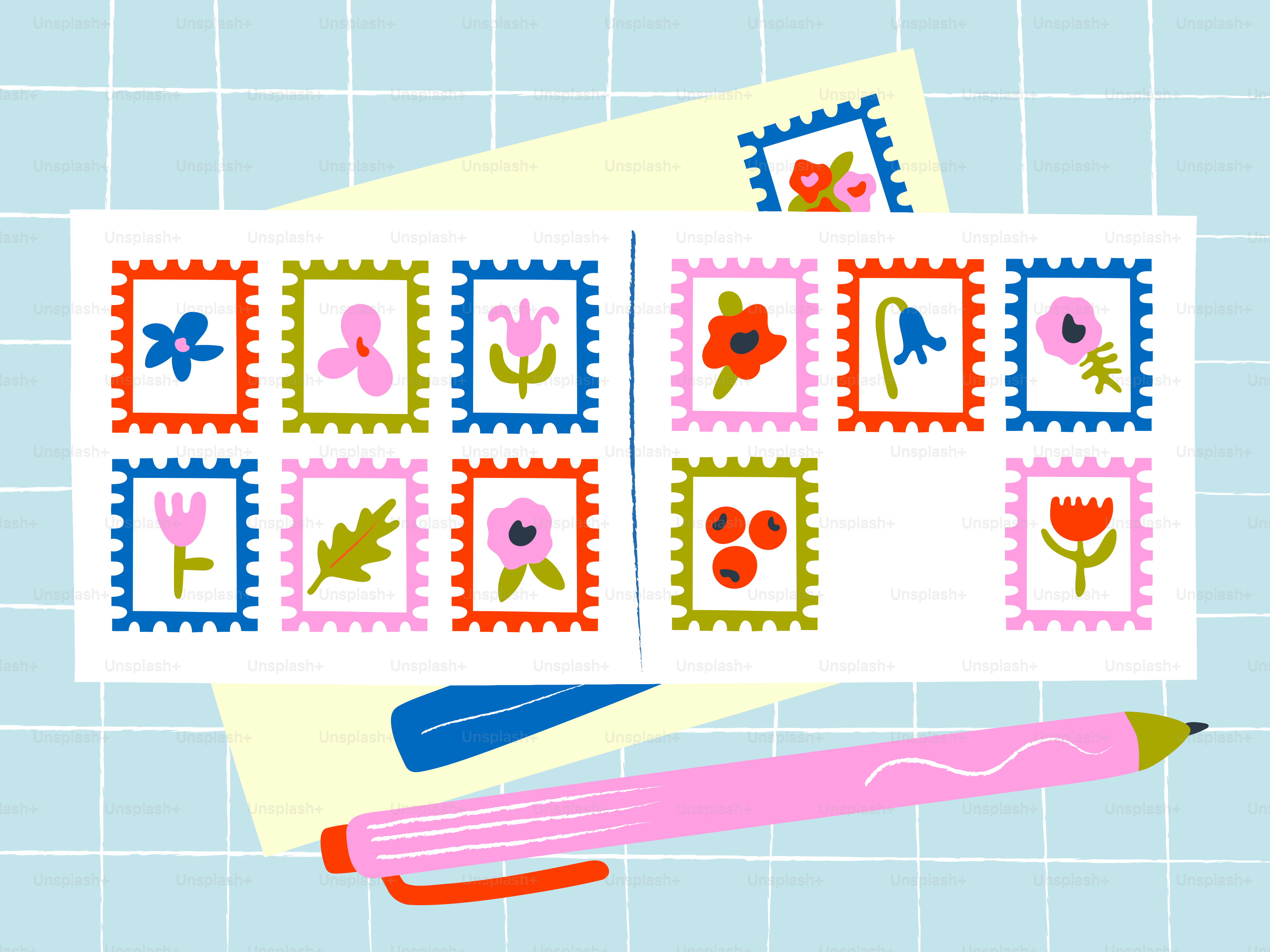 Vektor Lembaran prangko bunga dengan pena dan pena. – Gambar Merah muda ...