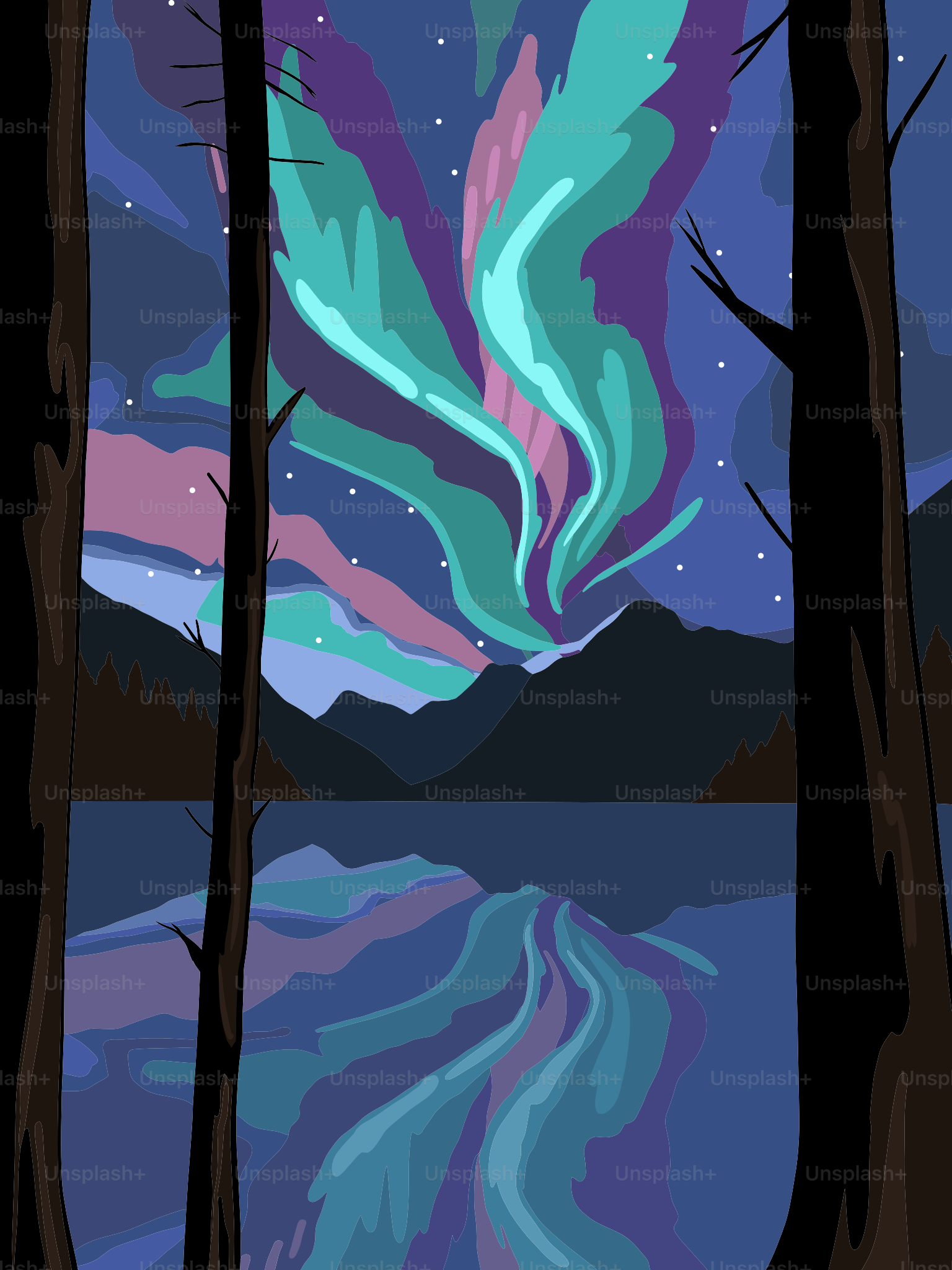 Vektor Aurora borealis di atas pegunungan dan air reflektif – Gambar ...