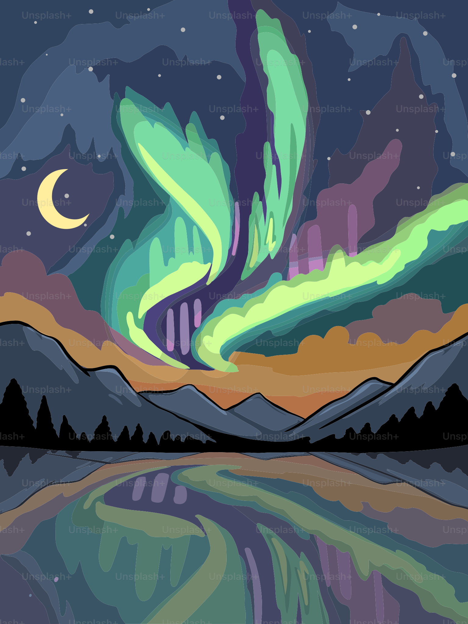 Vektor Aurora borealis di atas pegunungan yang tercermin dalam air ...