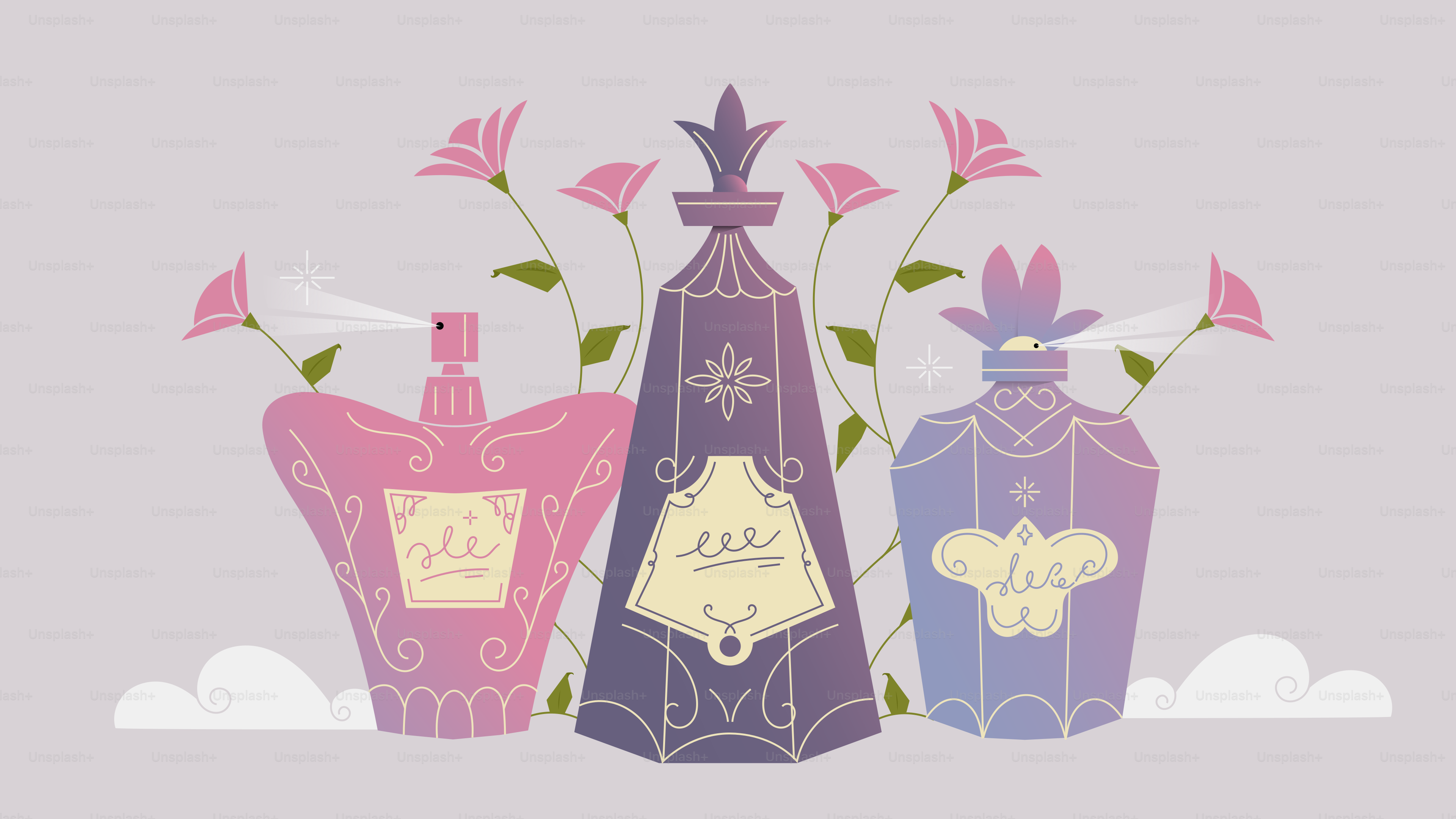 Vektor Empat botol parfum dekoratif dengan aksen bunga – Gambar ...