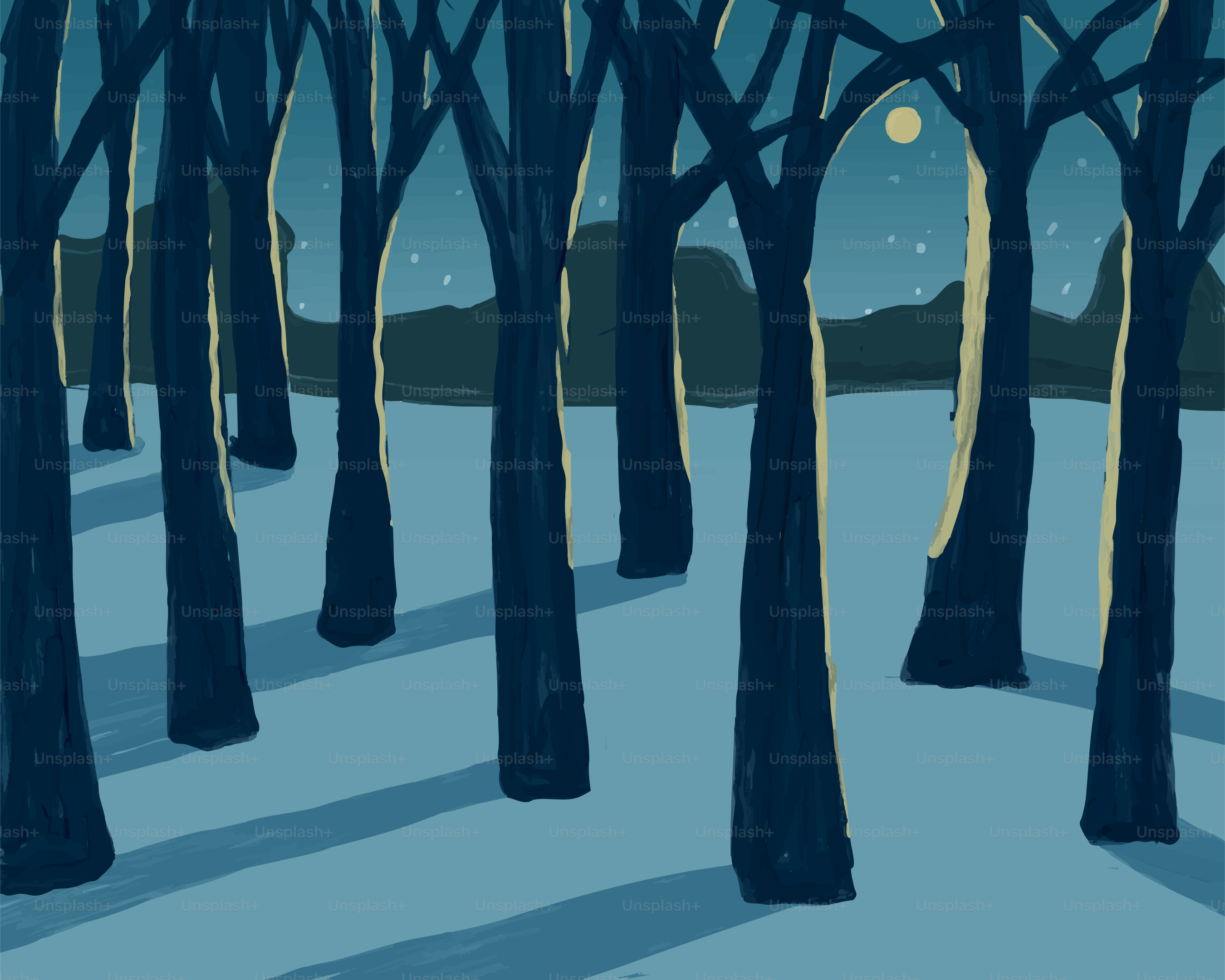 Bare trees cast long shadows on snow under moonlight vector – Forest ...
