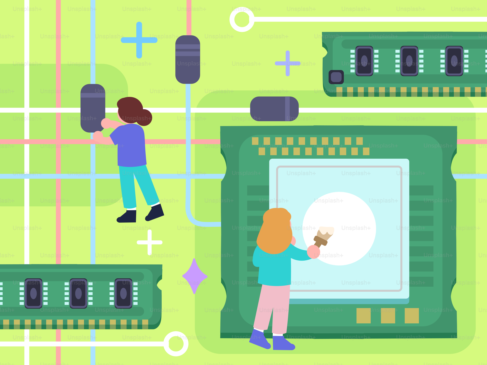 Vektor Orang-orang yang bekerja pada kartu grafis komputer besar ...