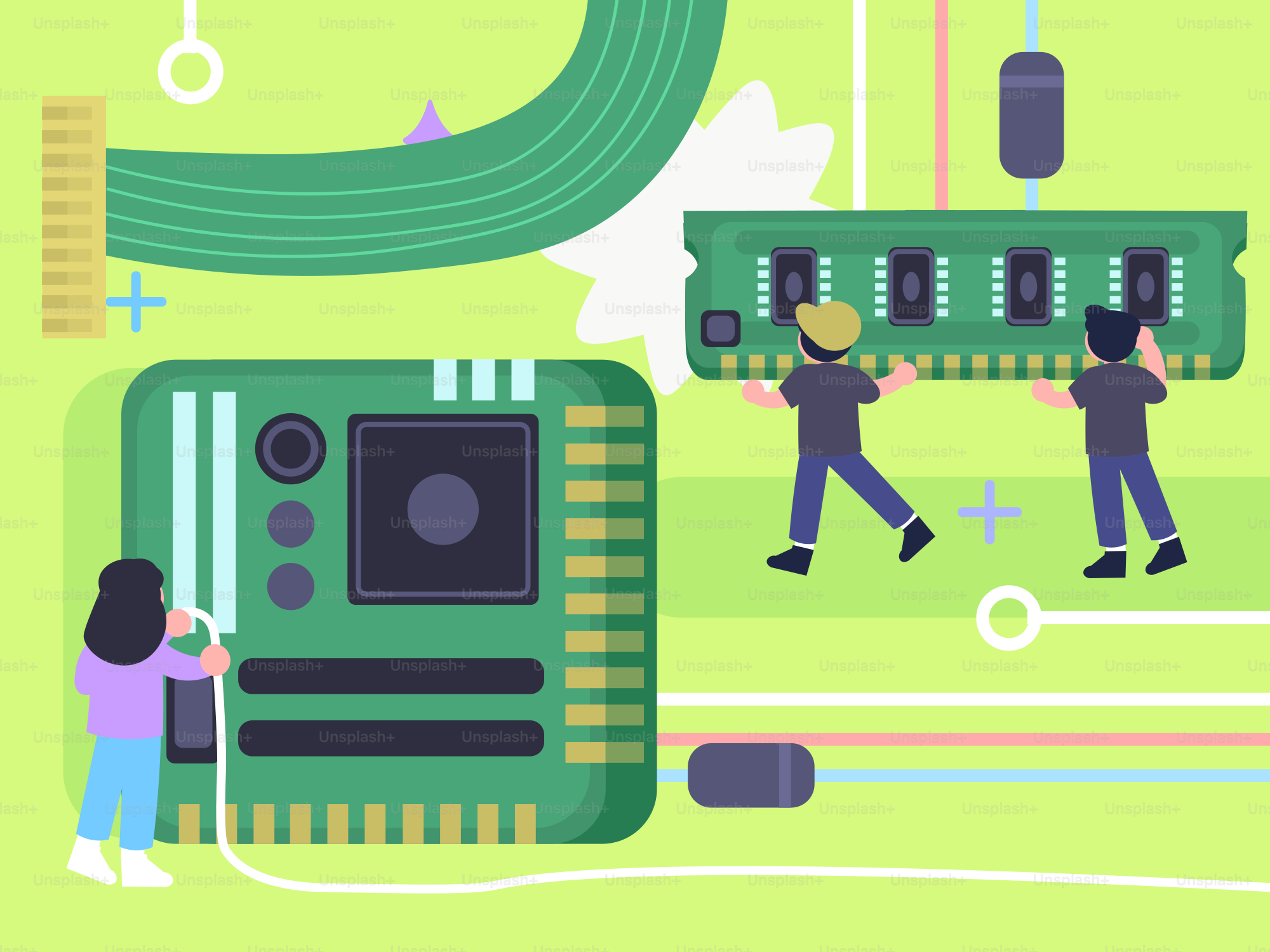 Vektor Orang-orang yang bekerja pada kartu grafis komputer besar ...