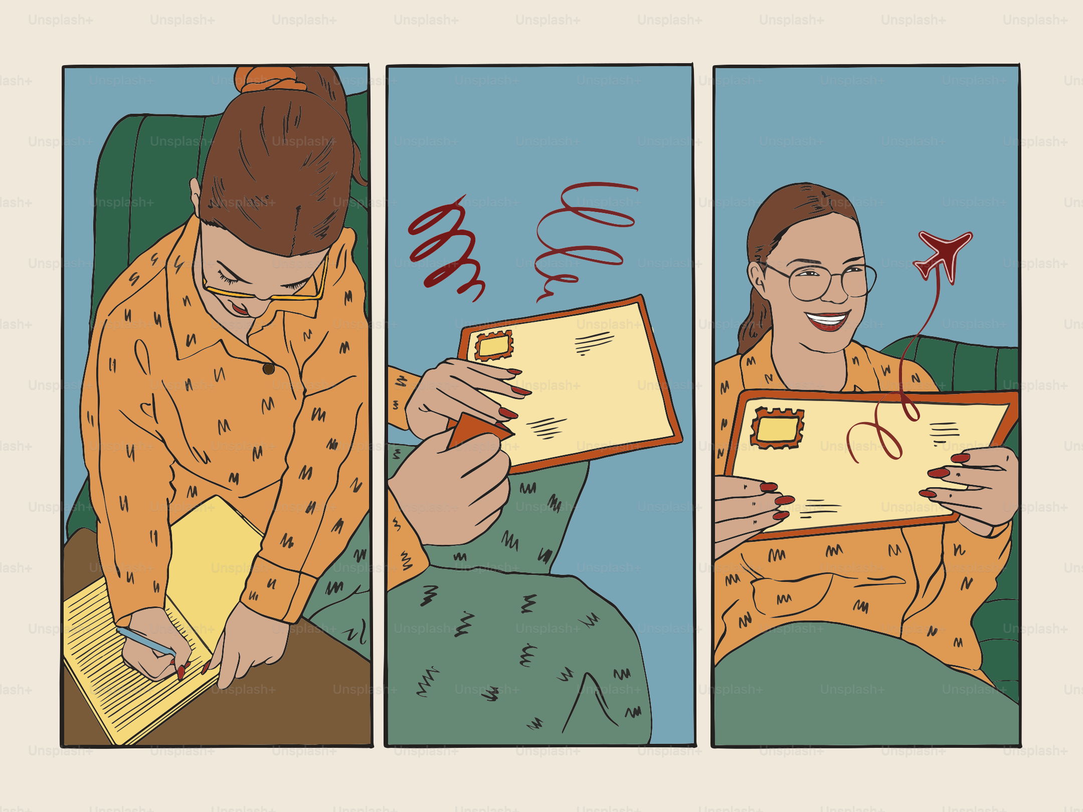 Vektor Wanita menulis, menyegel, dan membaca surat di pesawat. – Gambar ...