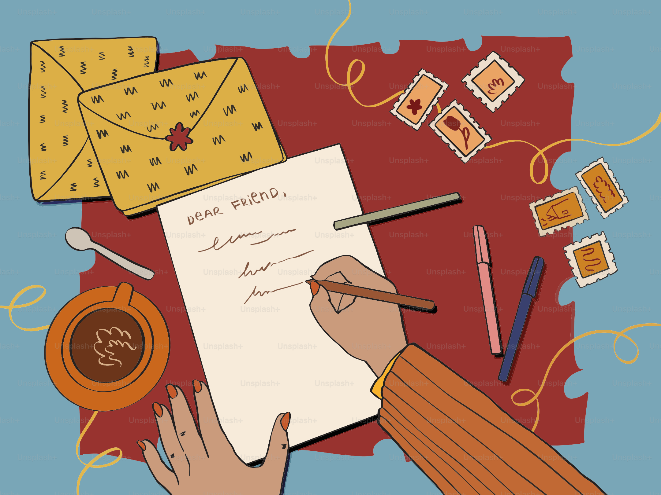 Vektor Wanita menulis, menyegel, dan membaca surat di pesawat. – Gambar ...