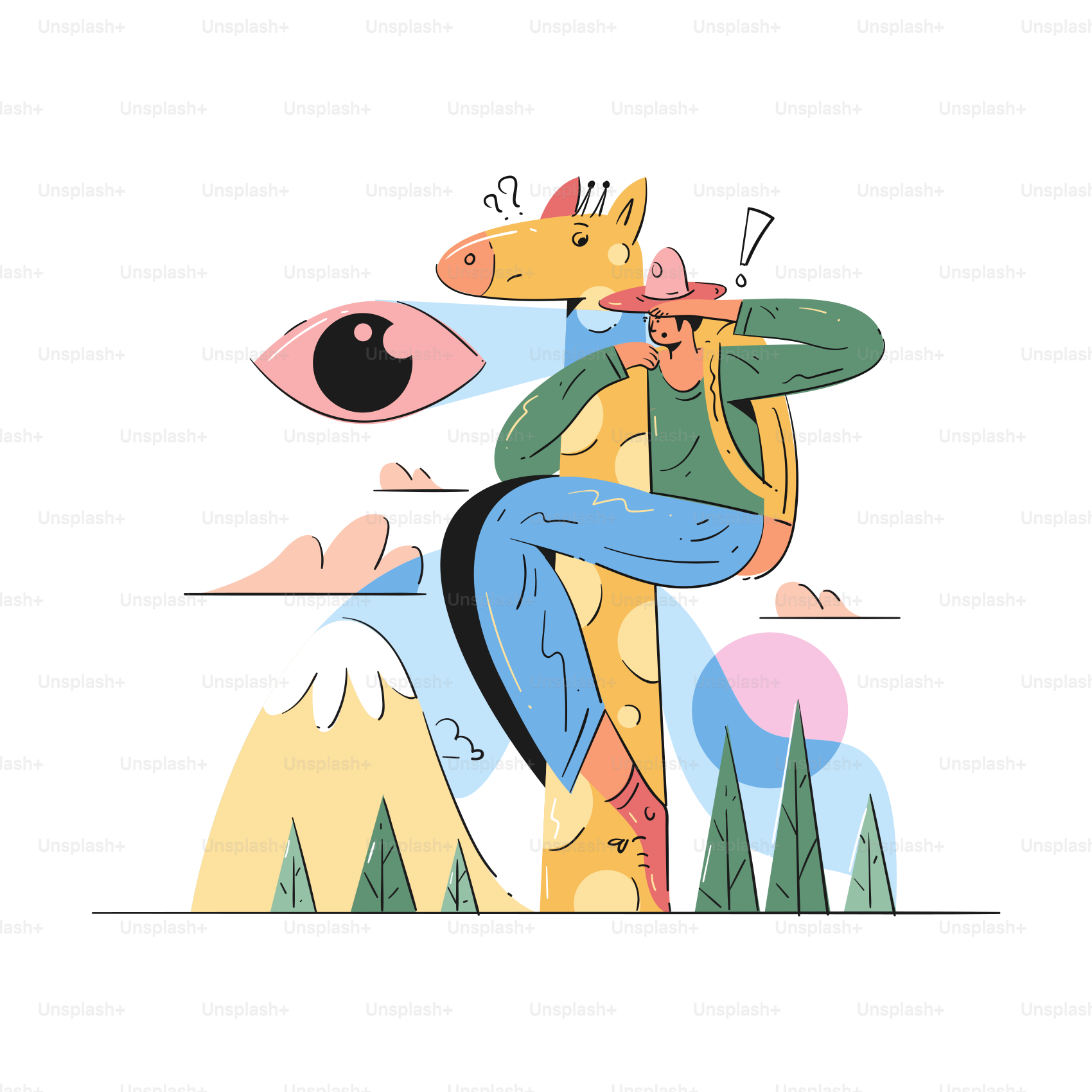 Vektor Orang memanjat jerapah dengan mata besar menonton – Gambar ...