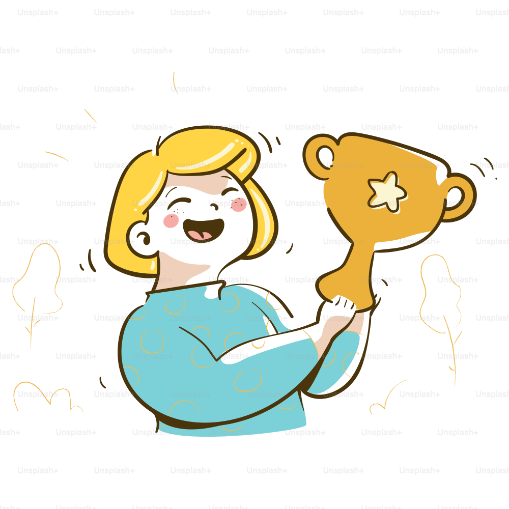 Vektor Orang yang bahagia memegang trofi emas. – Gambar Ilustrasi di ...