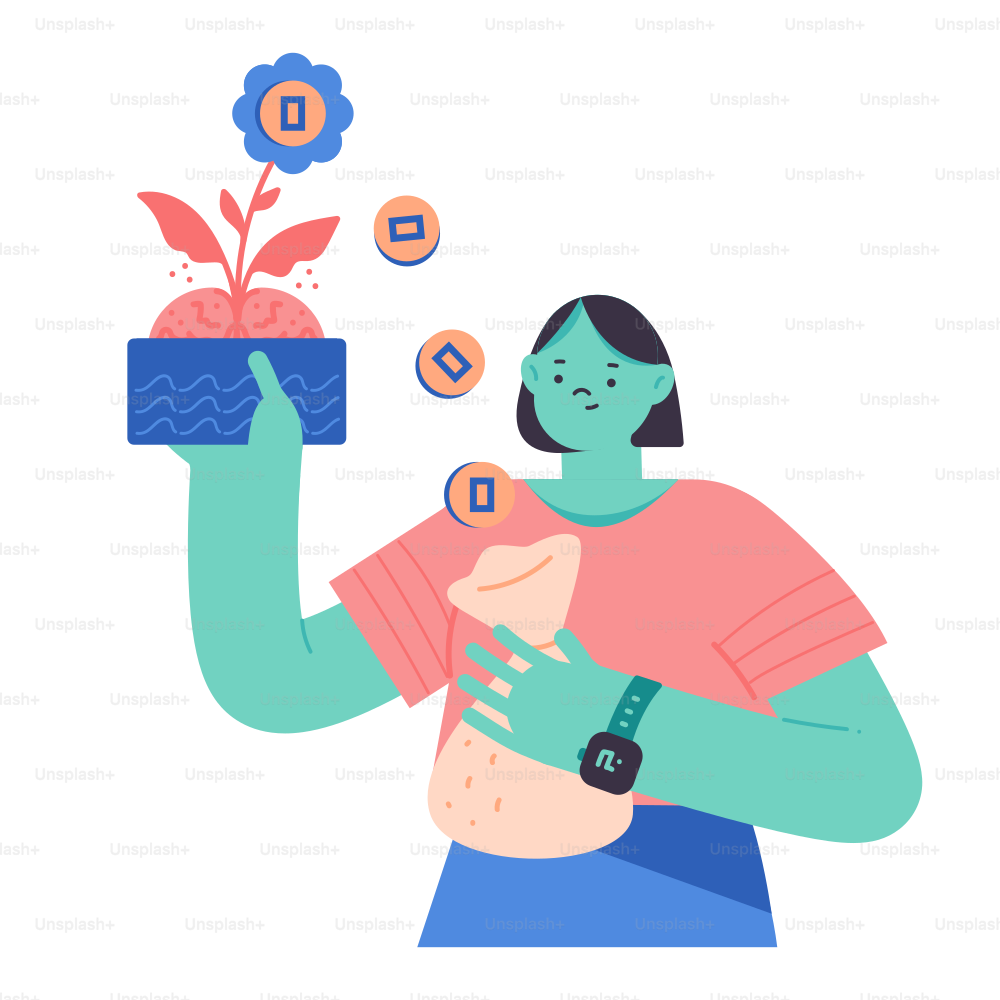 Vektor Orang yang memegang tanaman pot dengan koin dan kantong uang ...