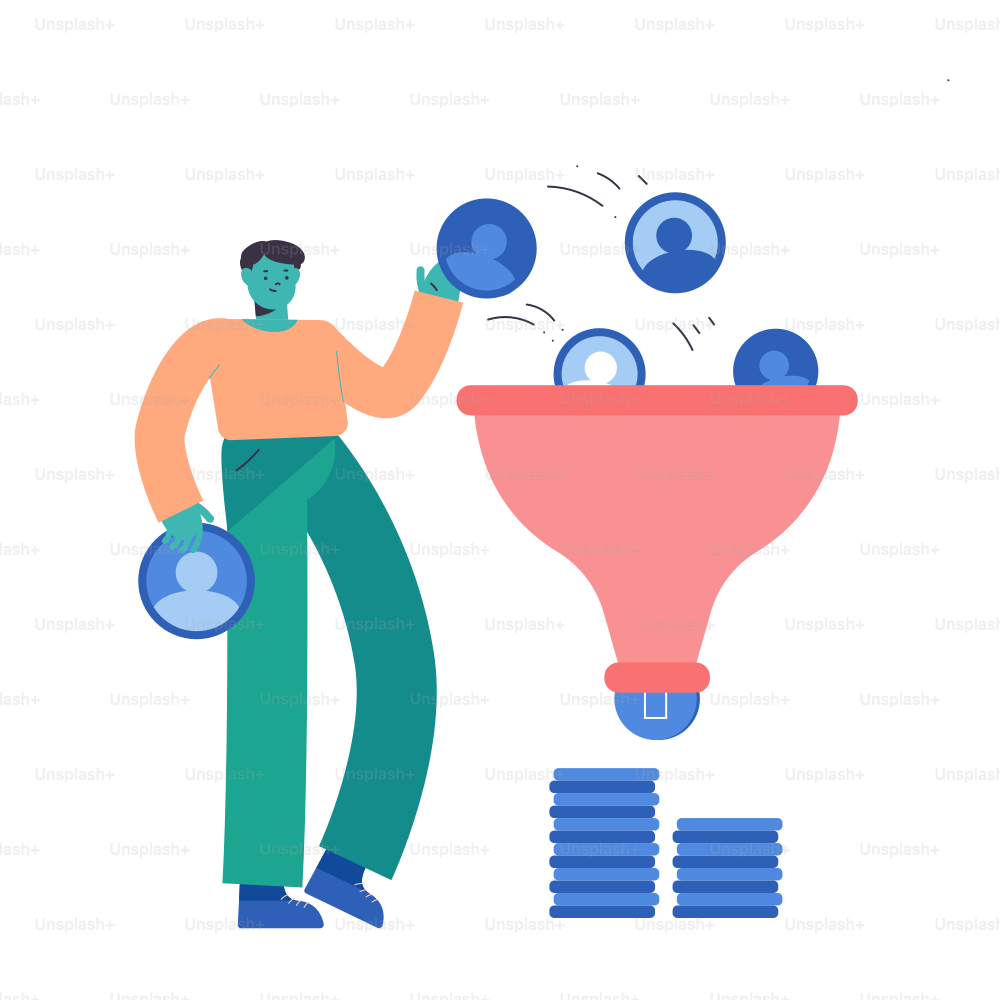 Vektor Orang yang menambahkan ikon profil ke corong dengan koin ...