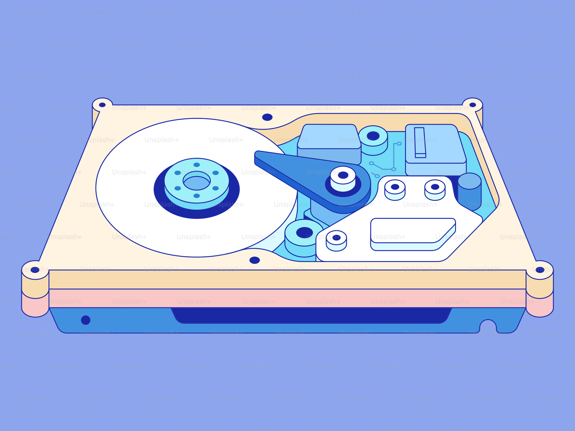 Open hard drive with spinning disk and read/write arm vector ...