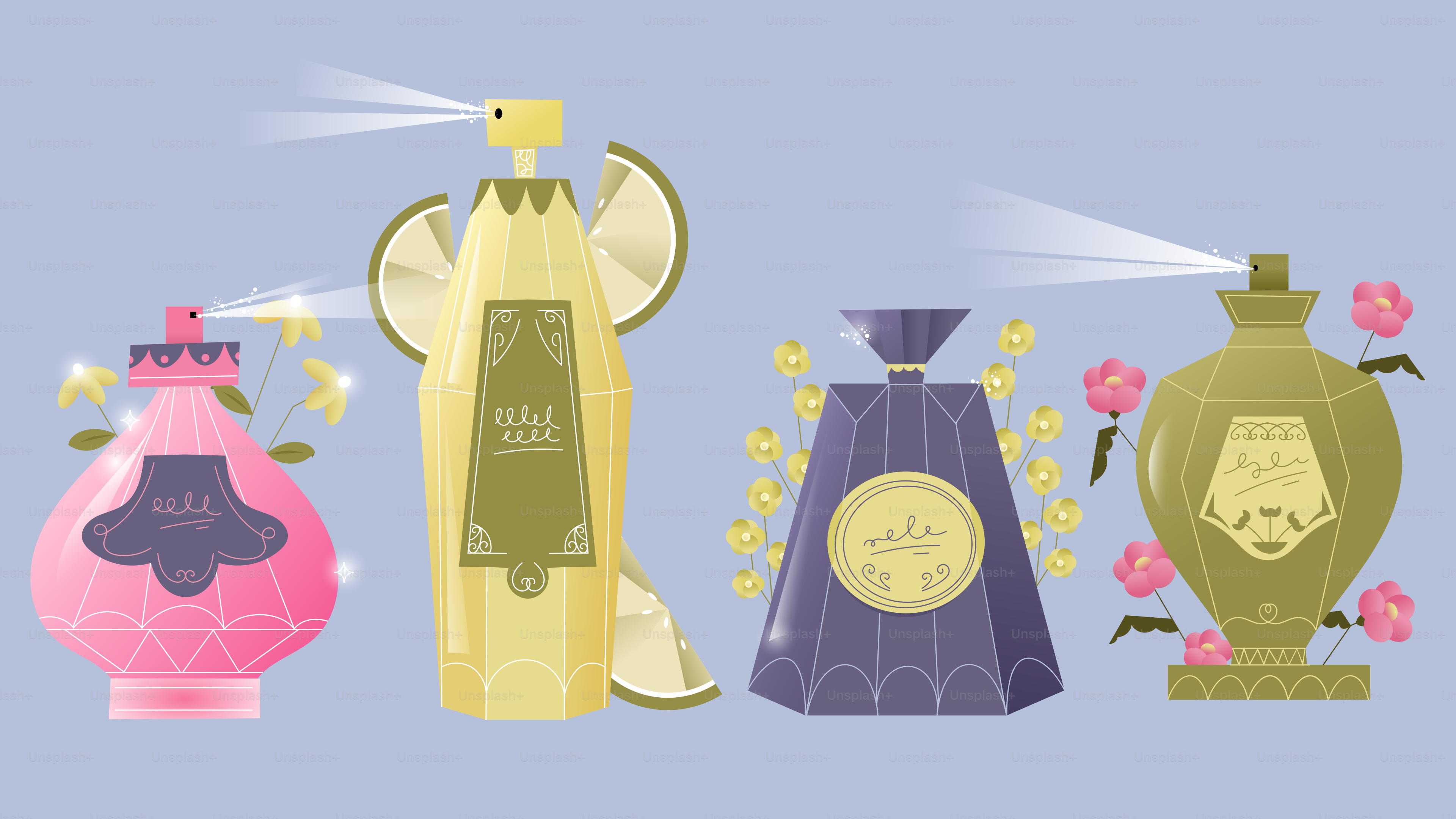 Vektor Tiga botol parfum berornamen dengan bunga dan awan – Gambar ...