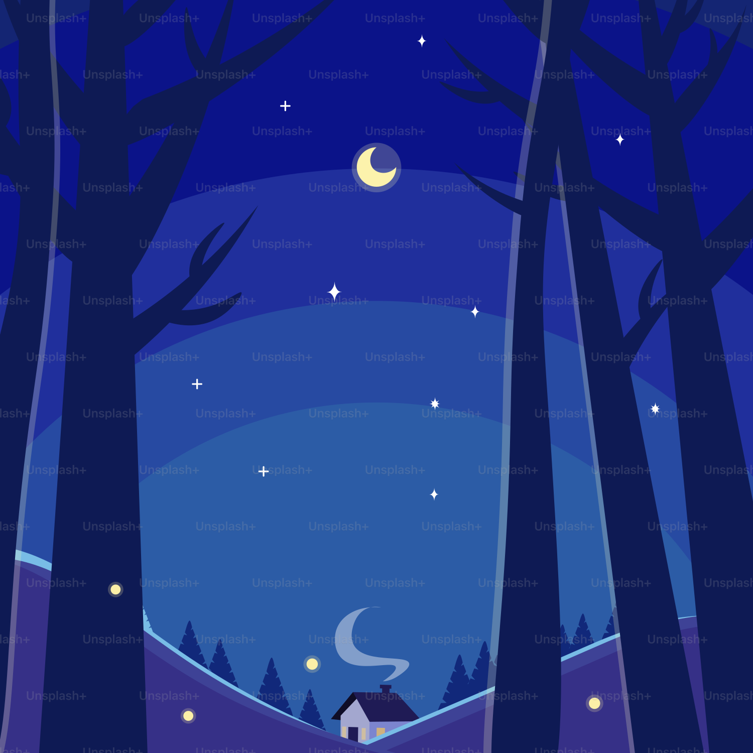 A small house nestled in a dark, starry forest. vector – Forest Image ...