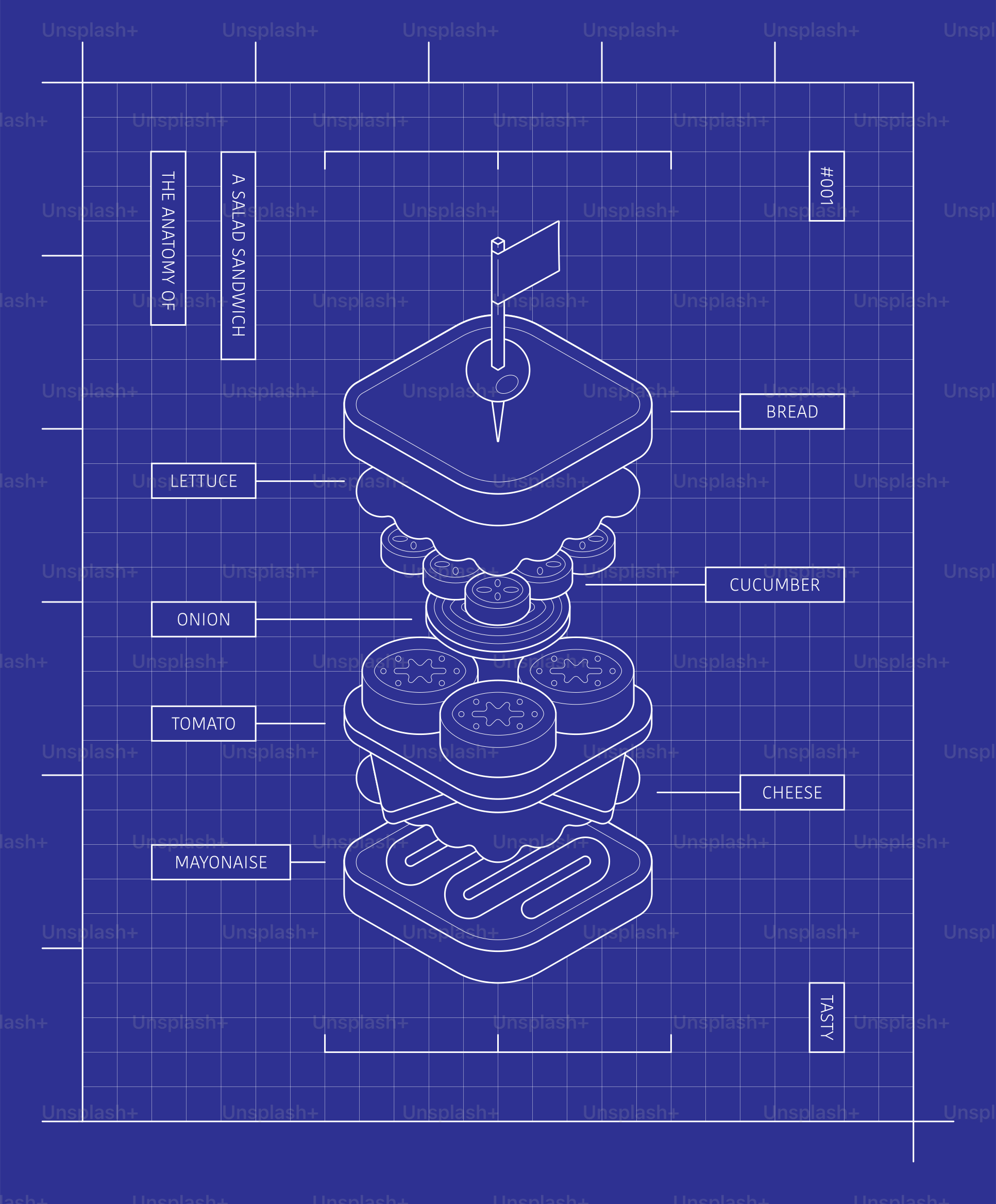 Exploded view blueprint of a salad sandwich with ingredients labeled ...