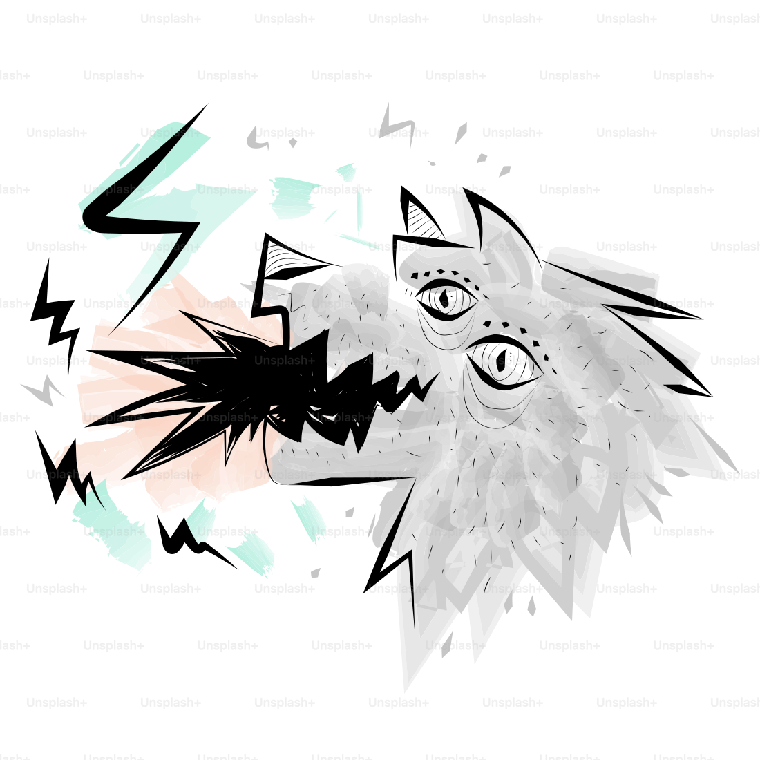Abstract wolf head with lightning and watercolor splashes. vector ...