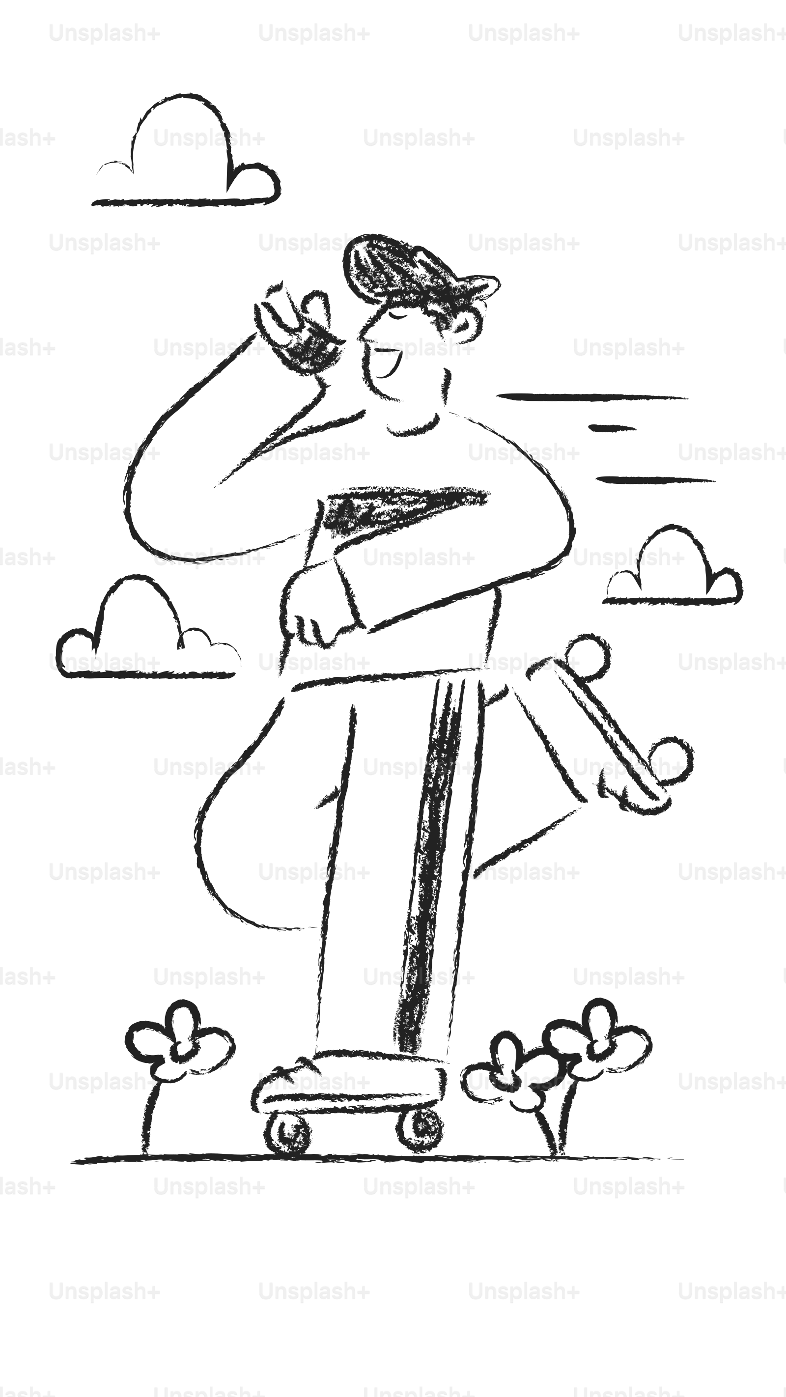 Vektor Orang yang bermain skateboard di antara bunga dan awan – Gambar ...