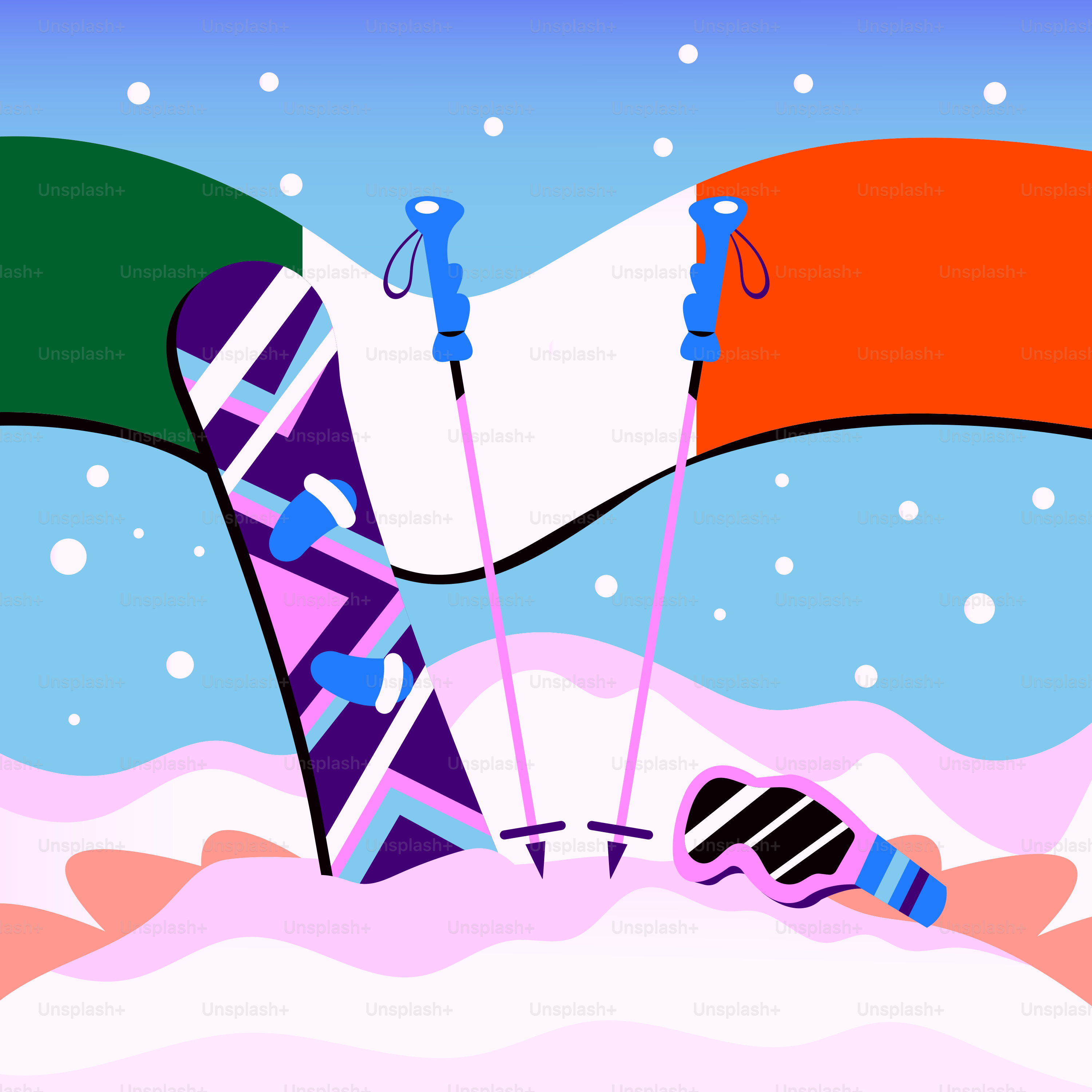 Vektor Snowboard dan tiang ski di salju dengan bendera Irlandia ...