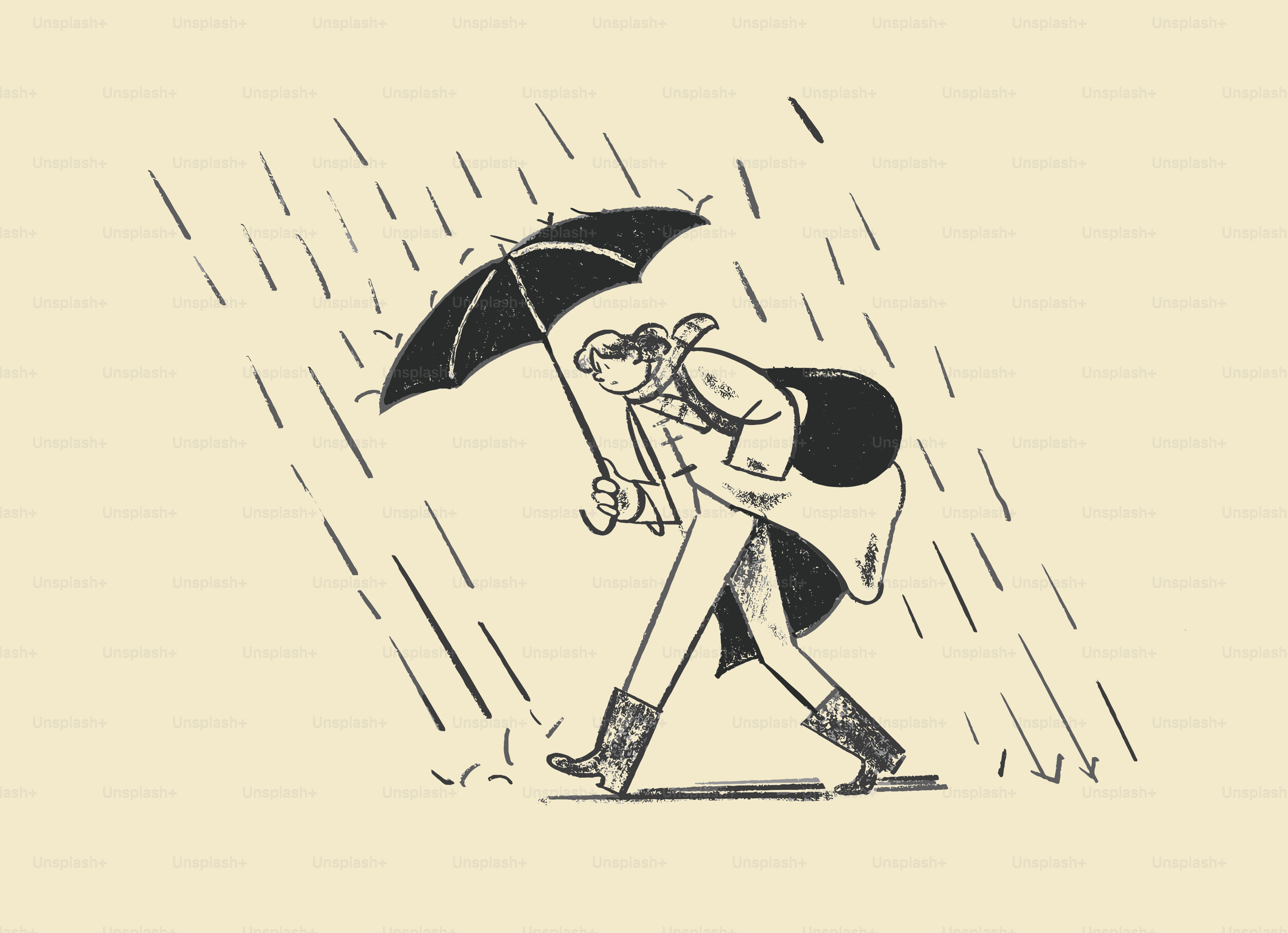 A person walks in heavy rain holding an umbrella. vector – Texture ...