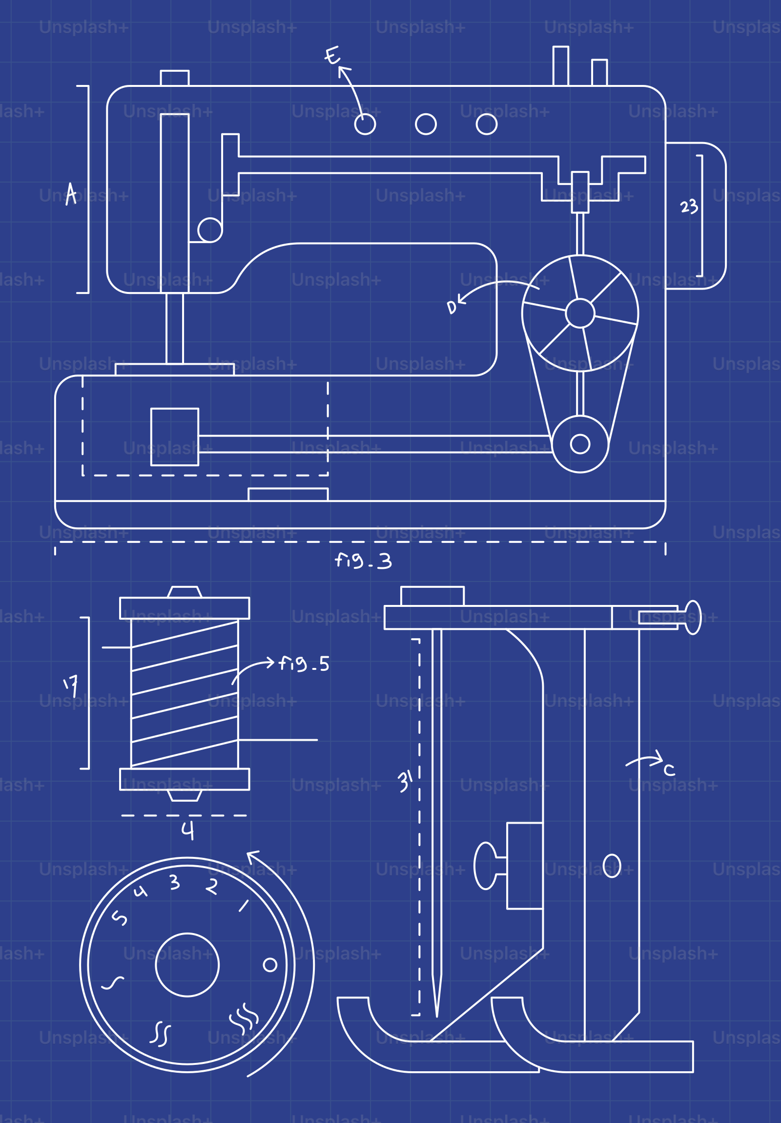 Blueprint of a sewing machine and its parts vector – Background Image ...