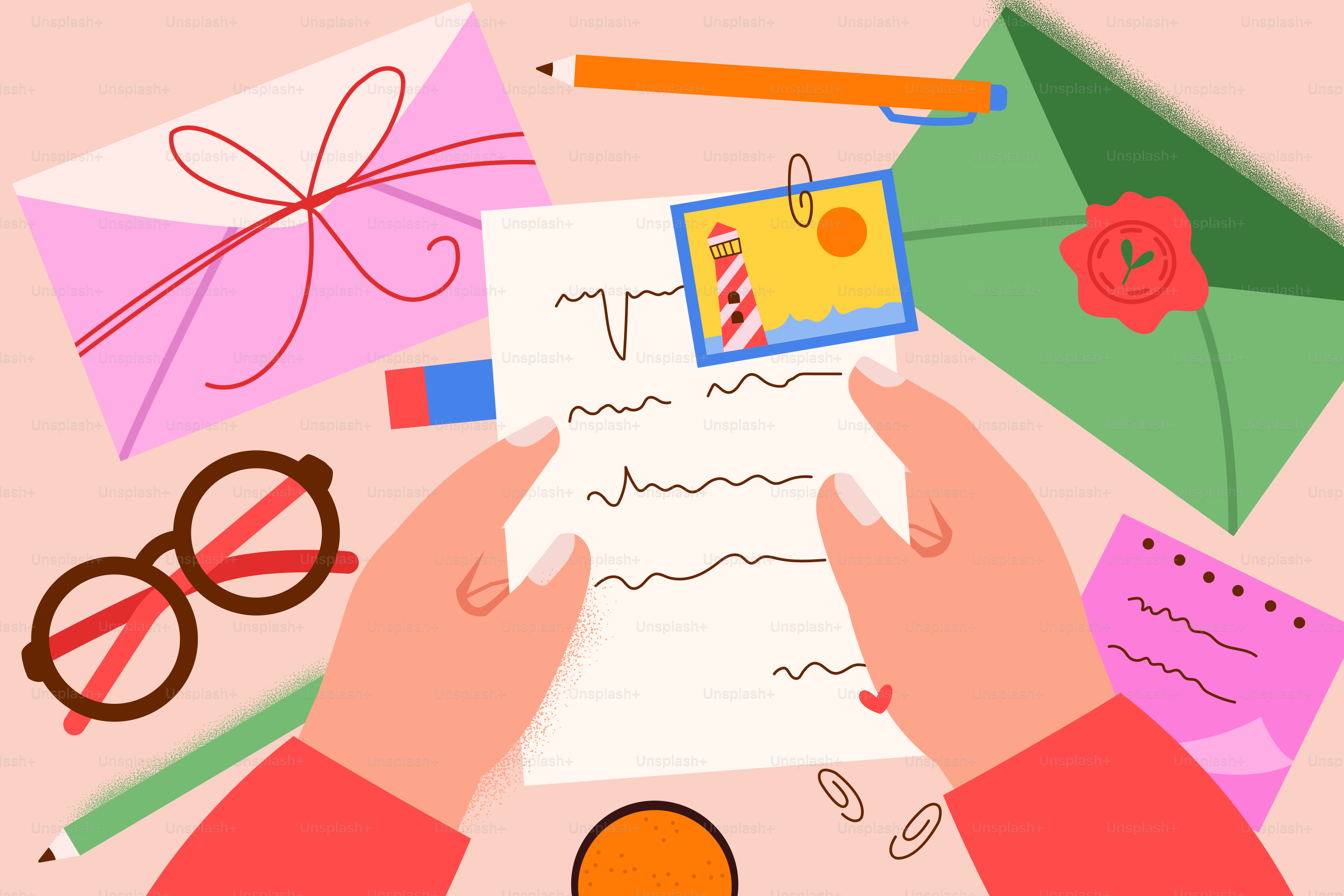 Hand holding a pink envelope with stamps and letters. vector – Writing ...