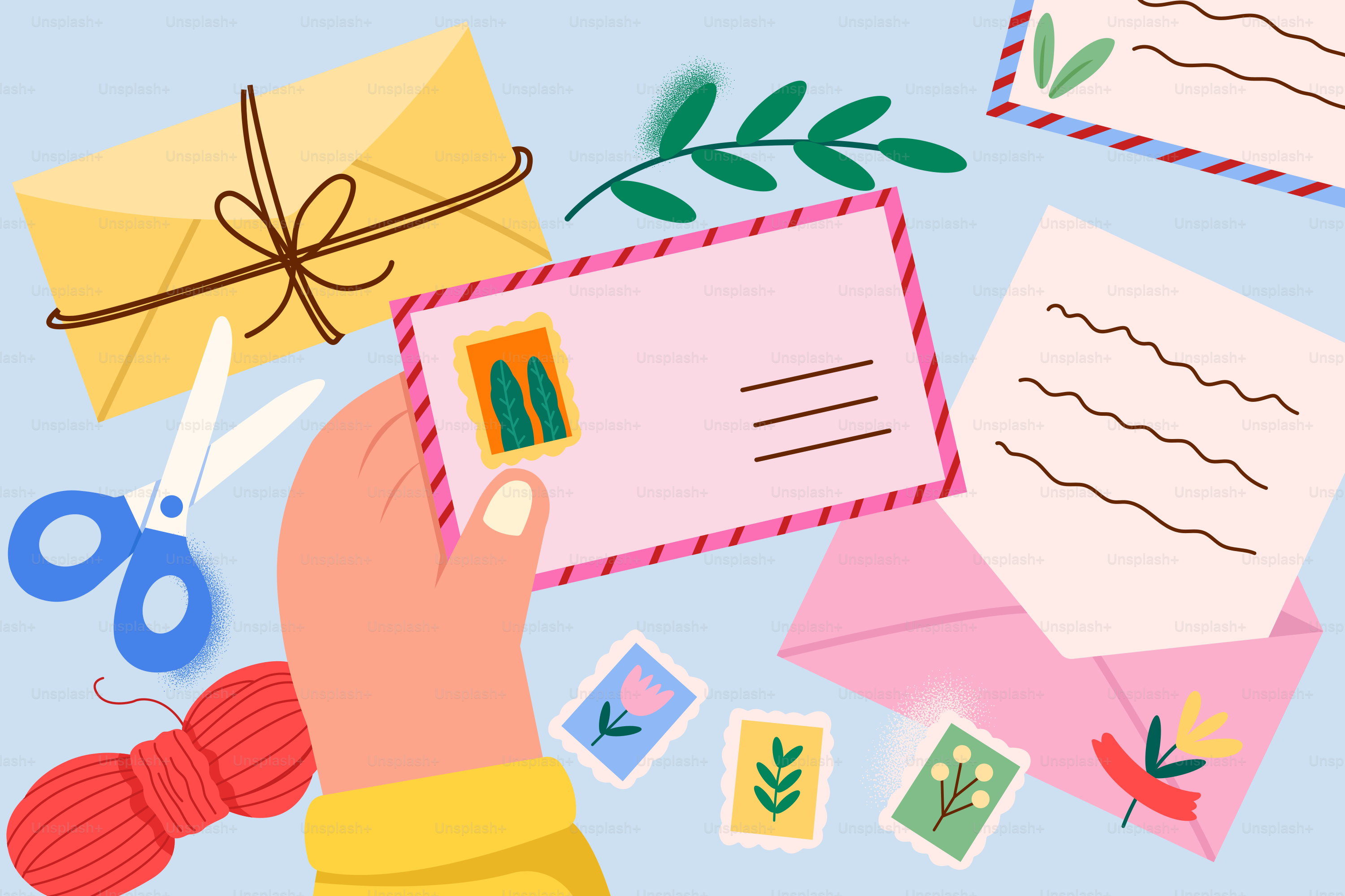 Hand holding a pink envelope with stamps and letters. vector – Writing ...