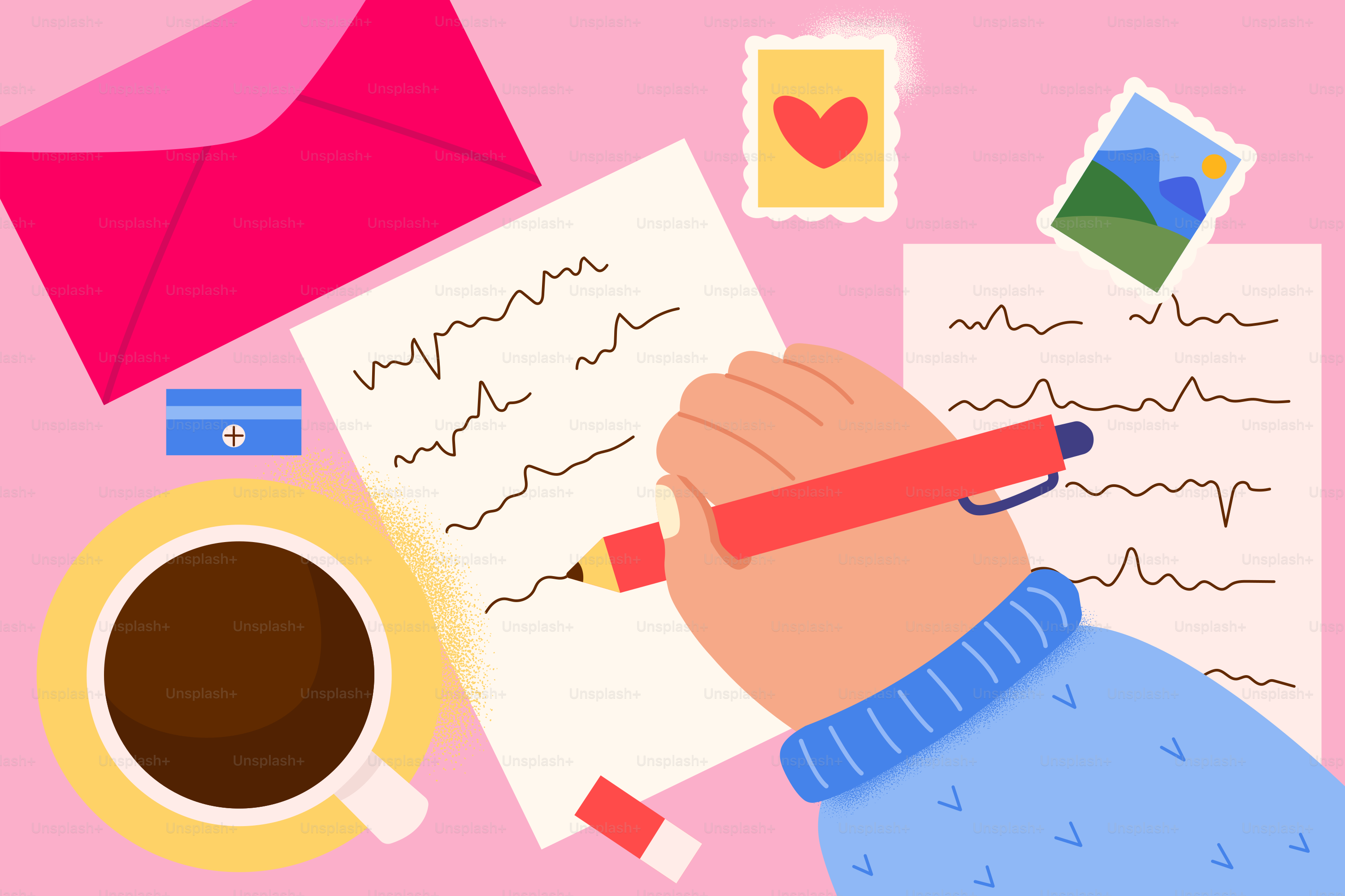 Hand holding a pink envelope with stamps and letters. vector – Writing ...