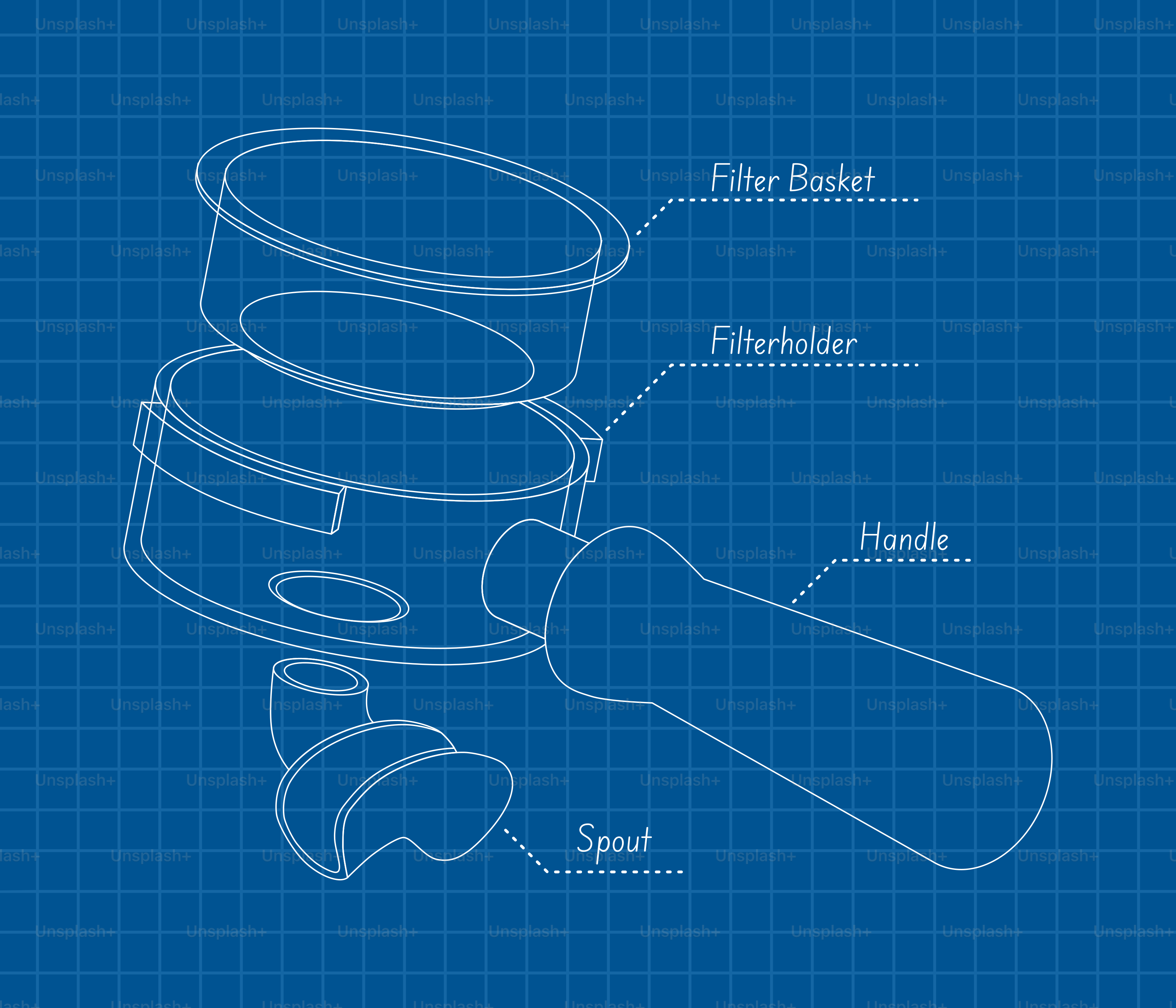 Vektor Cetak biru tampilan meledak portafilter mesin espresso – Gambar ...