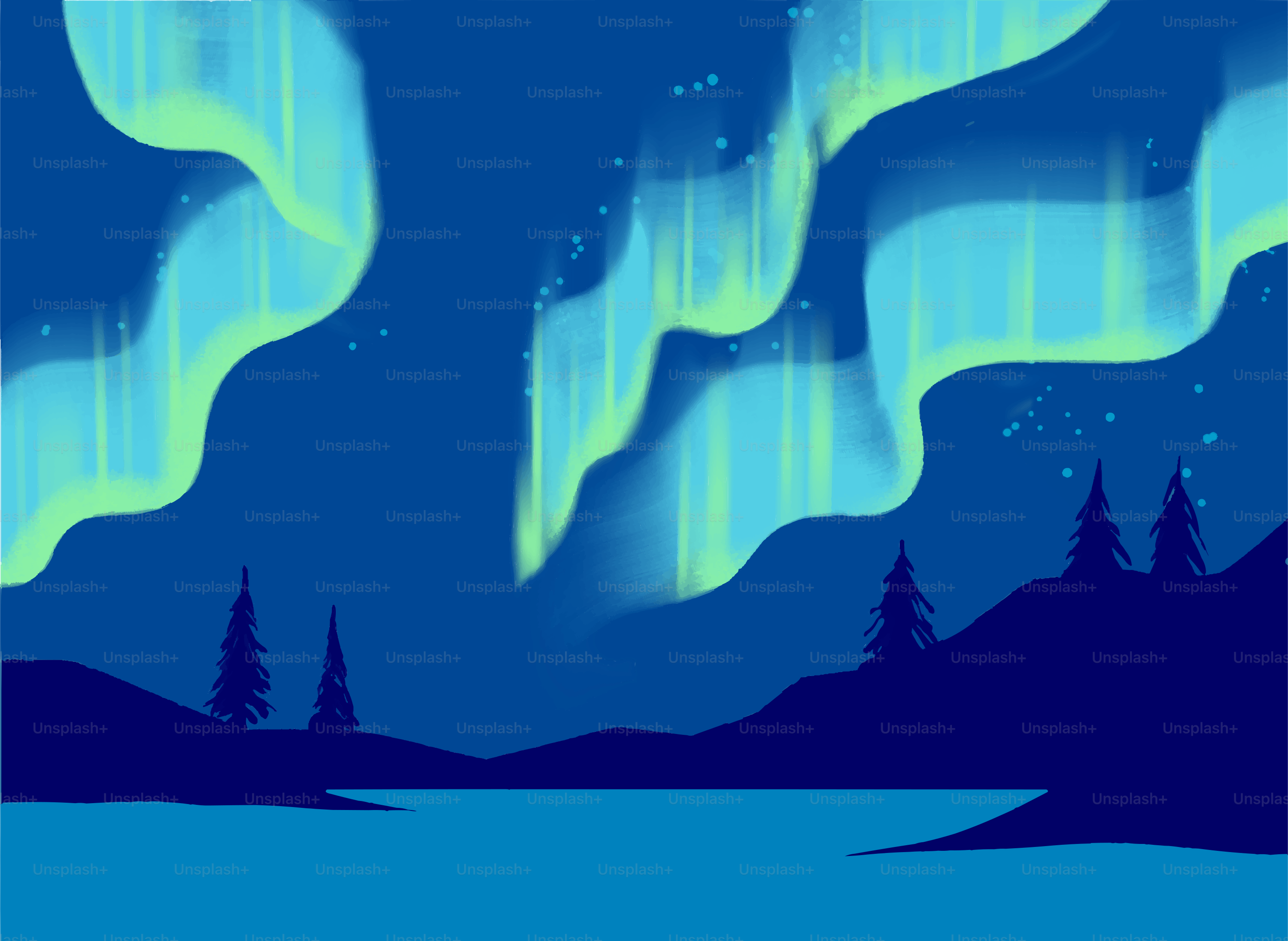Vektor Aurora borealis di atas lanskap gelap dengan pepohonan. – Gambar ...