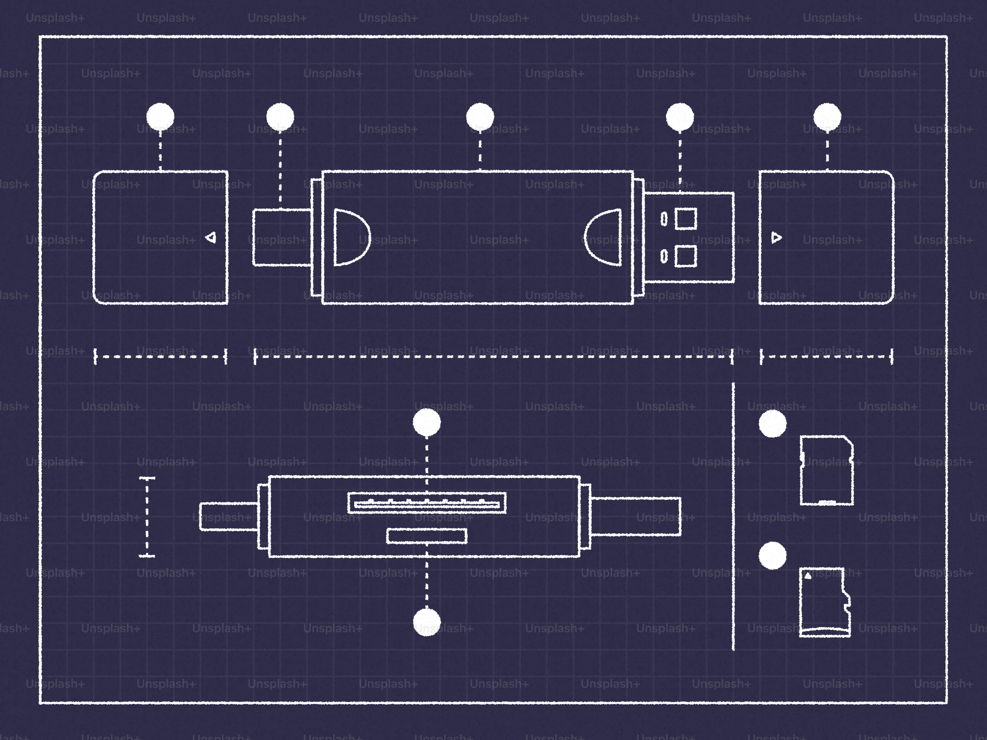 Blueprint diagram of a usb flash drive and memory cards vector ...