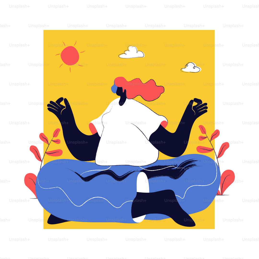 Vektor Orang yang bermeditasi di luar ruangan dengan matahari dan awan ...