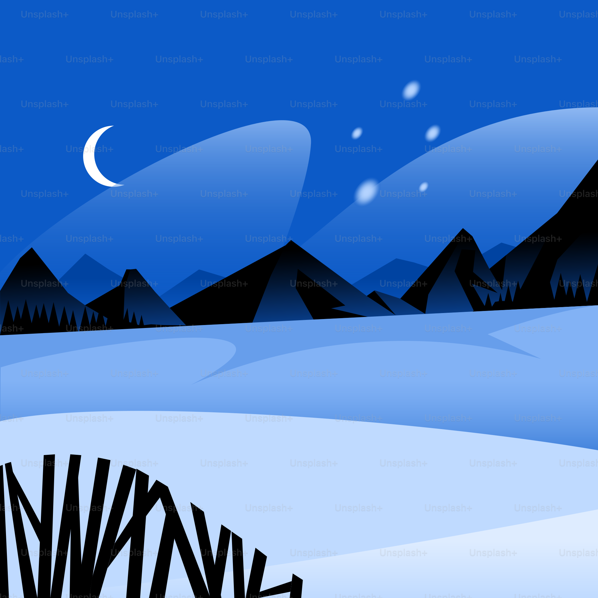 Vektor Lanskap musim dingin bergaya dengan pegunungan dan bulan sabit ...