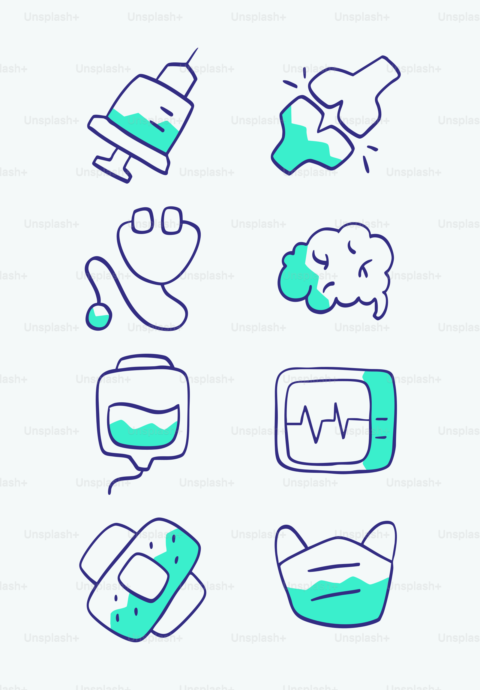Medical icons: syringe, joint, stethoscope, brain, iv, monitor, bandage ...