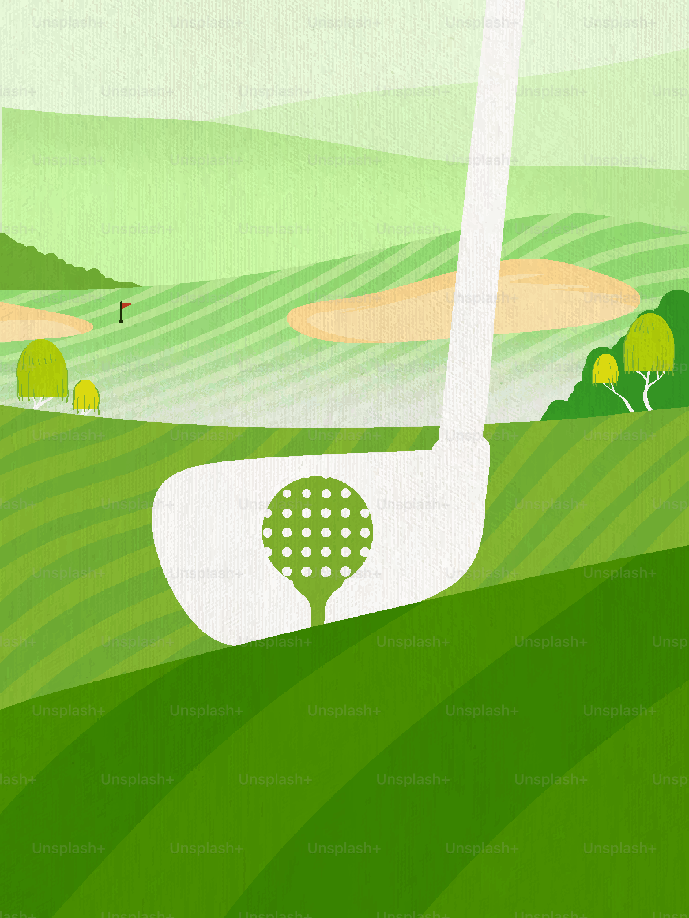 Golf course with sand traps and green hills vector – Illustration Image ...