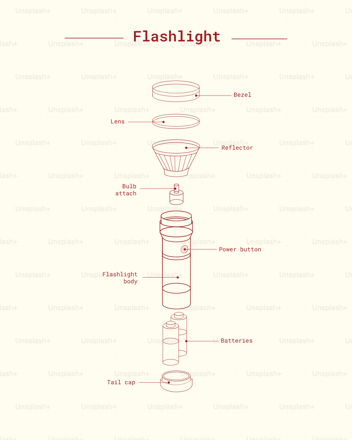 Exploded view diagram of a flashlight with labeled parts. vector ...
