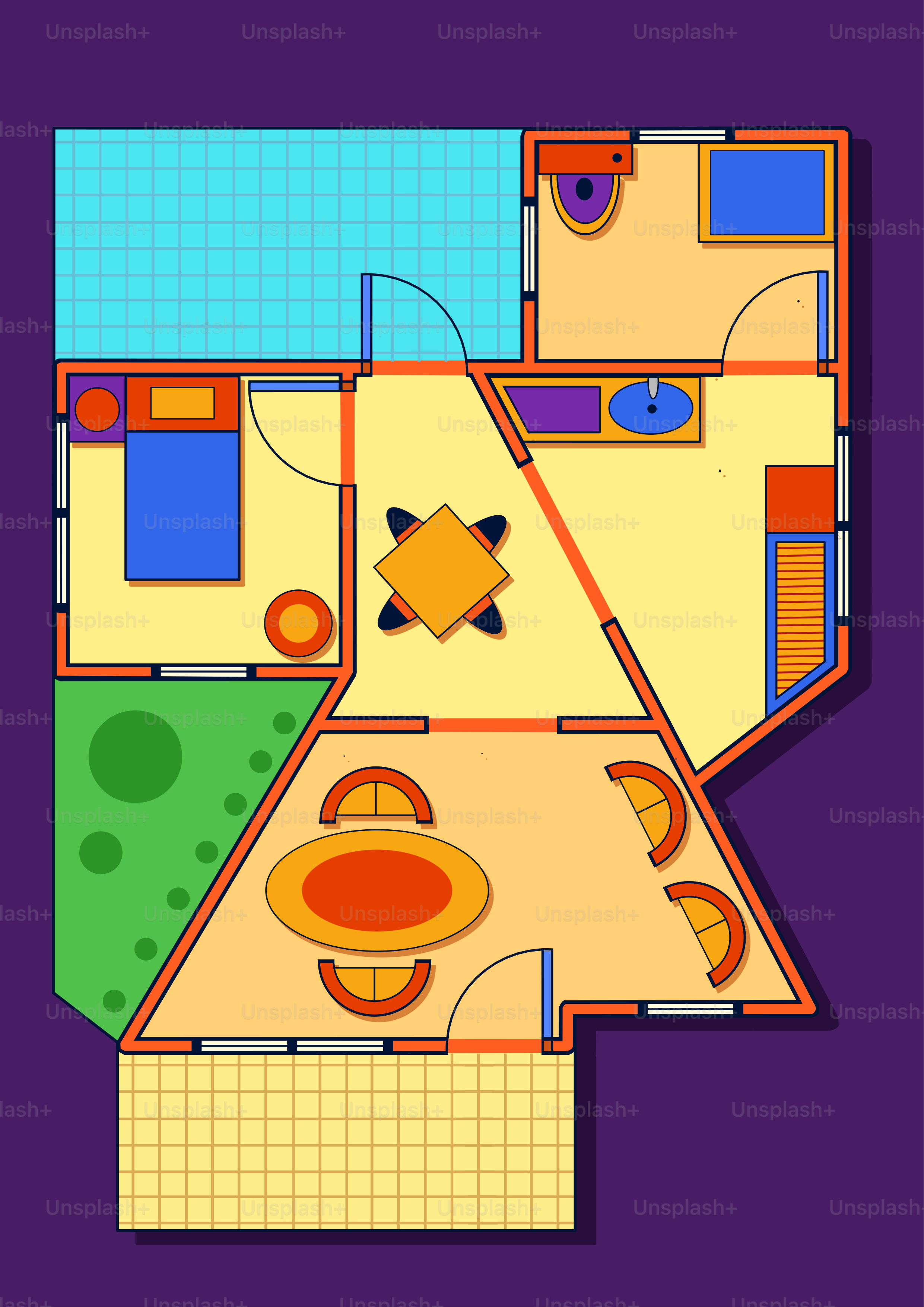 Vektor Denah lantai tata letak apartemen modern yang penuh warna ...