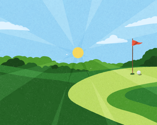 Vektor Lapangan golf dengan bendera, bola, dan perbukitan hijau yang ...