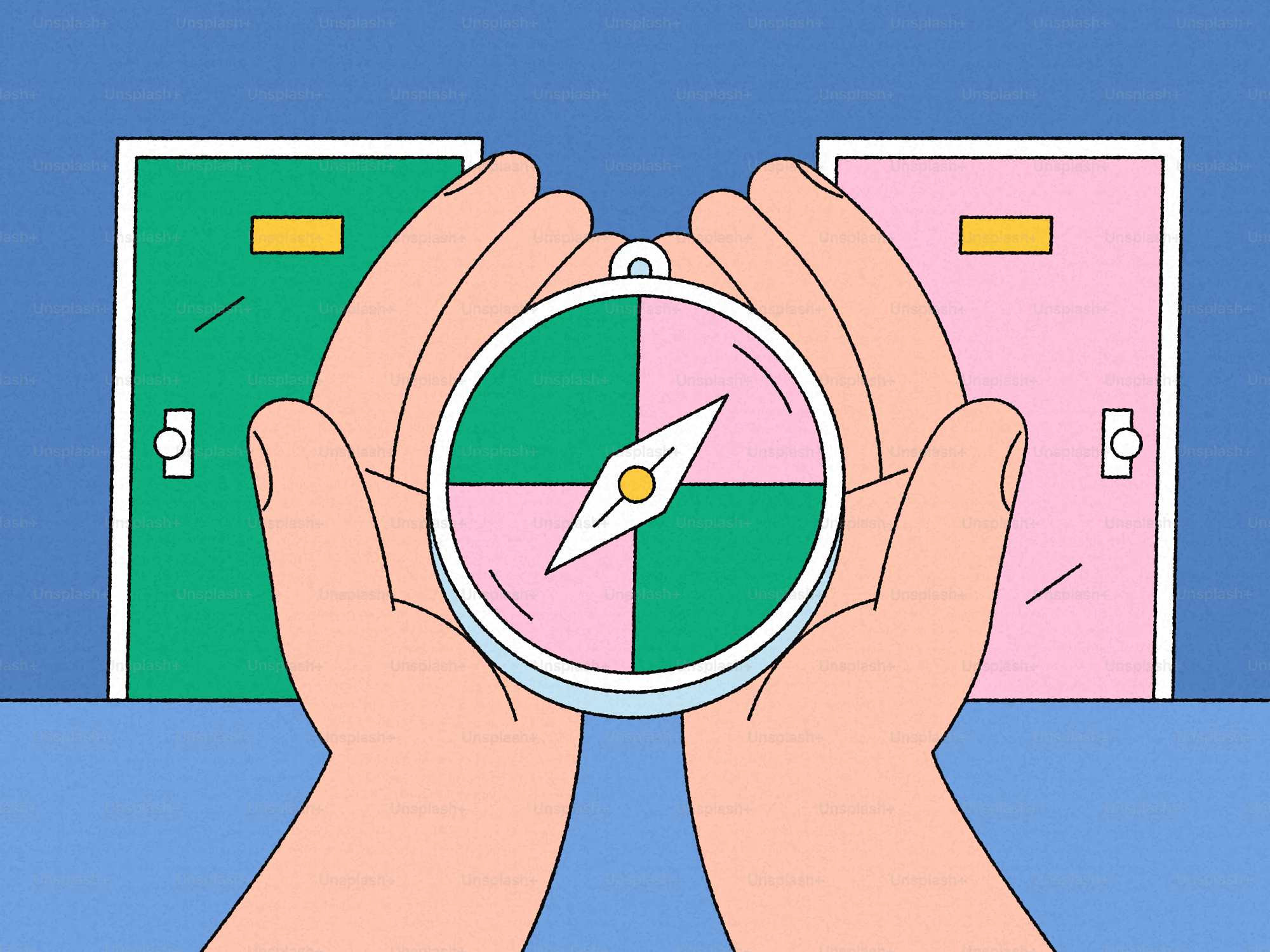 Hands hold a compass between two doors vector – Illustration Image on ...