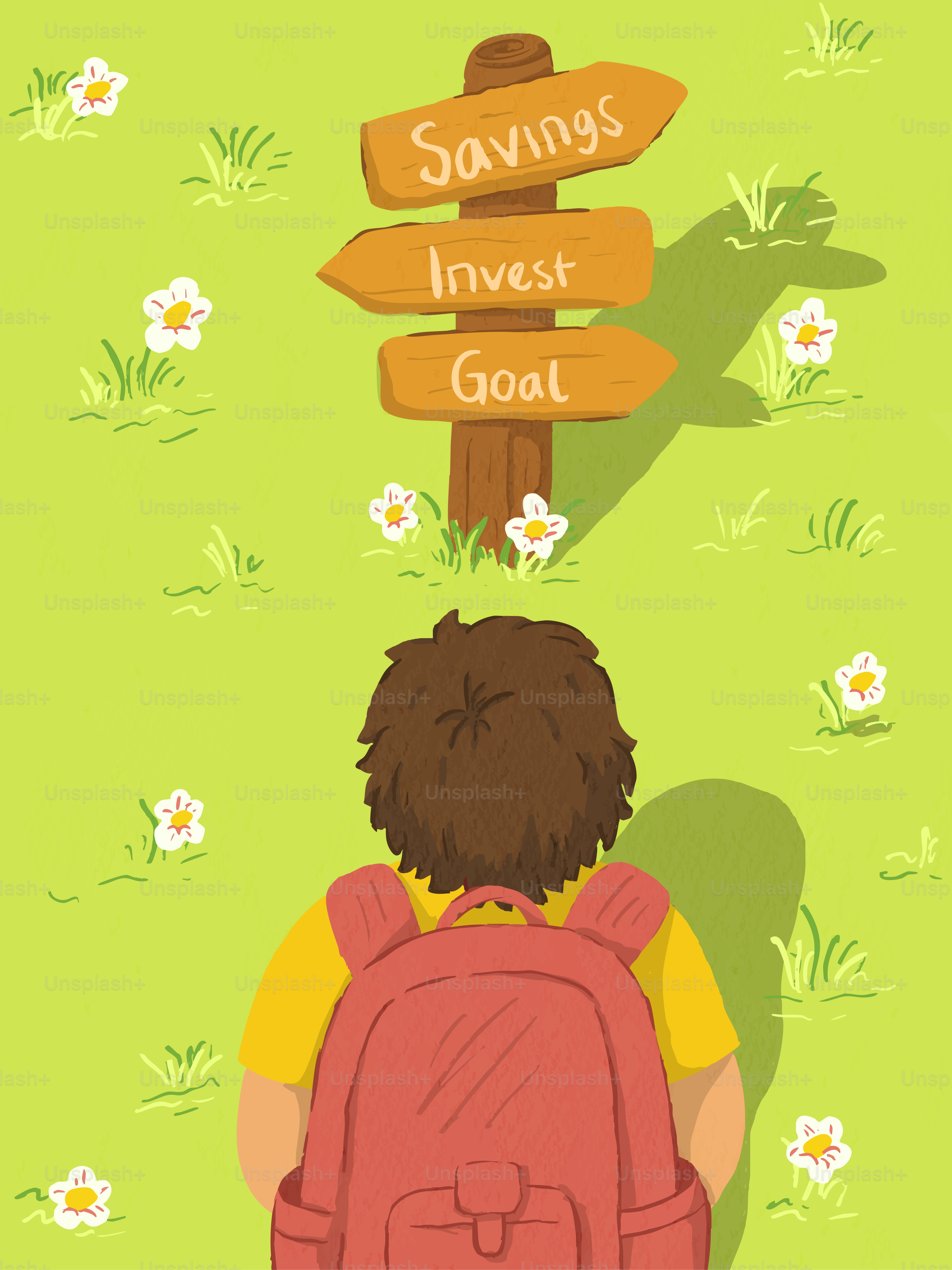 Child with backpack faces signpost with financial choices. vector ...