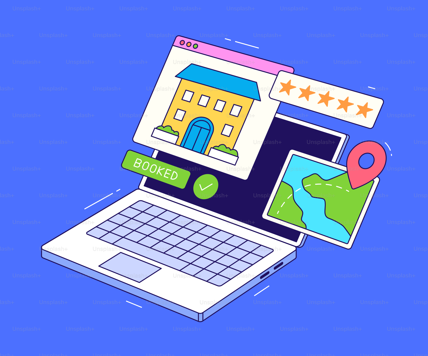 Laptop displaying hotel booking, map, and five-star ratings. vector ...