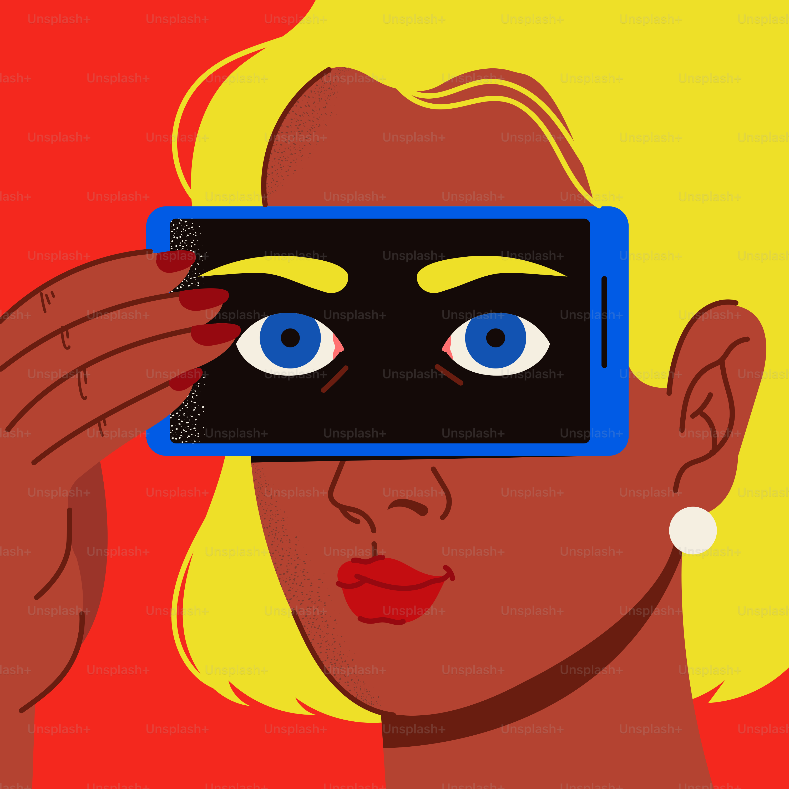Vektor Wanita memegang telepon menampilkan matanya, mengaburkan matanya ...
