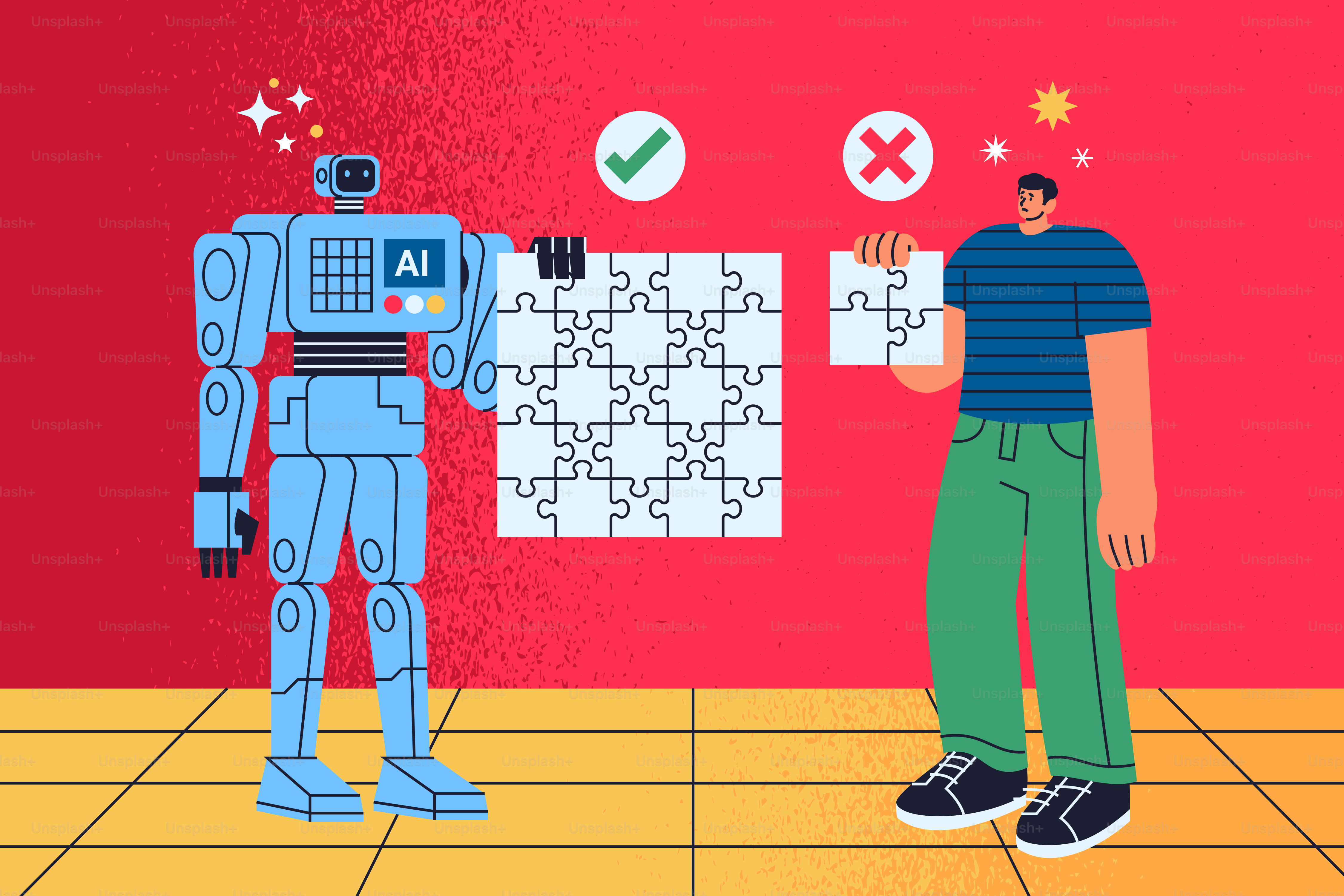 El robot completa el puzzle, el humano sostiene una pieza. vector ...