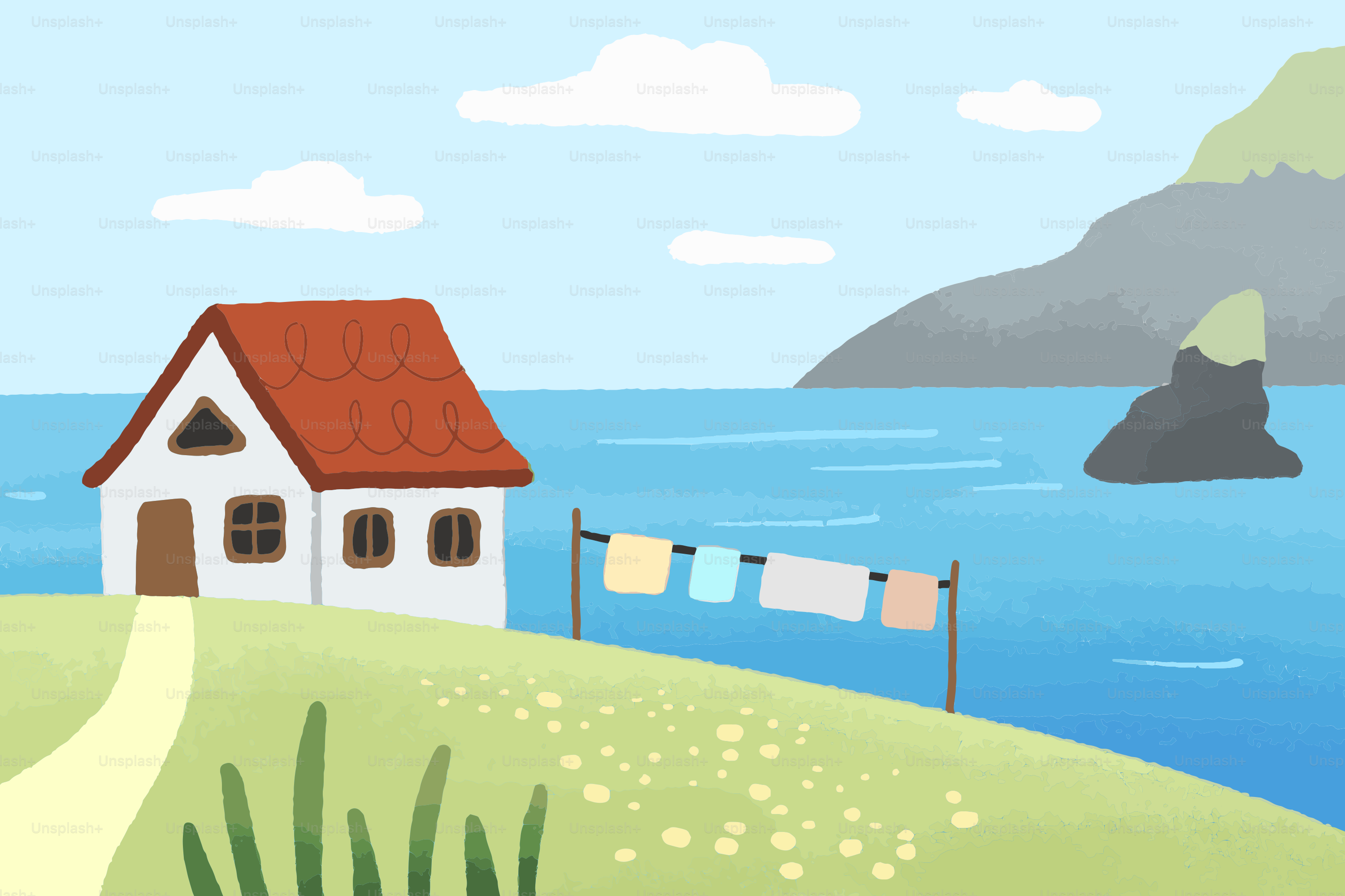Vektor Cartoon house on a hill with geese and laundry. – Gambar Bunga ...