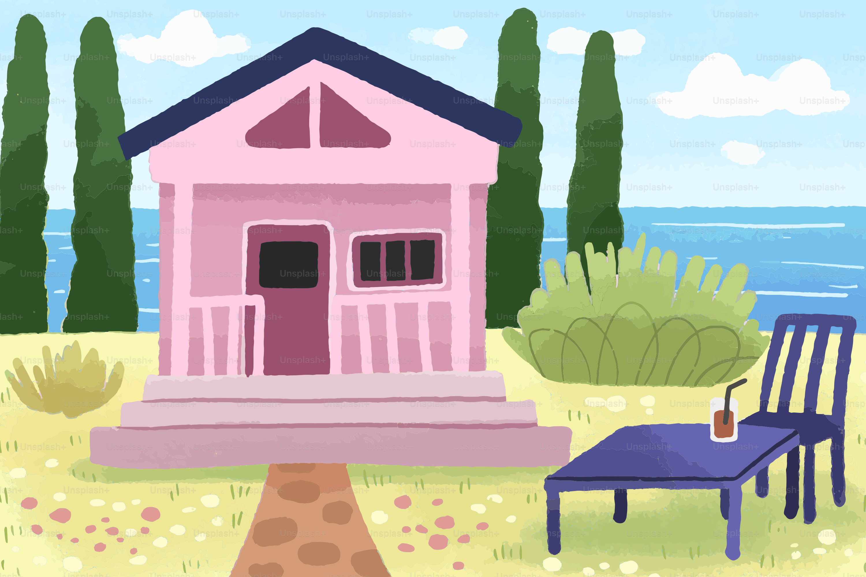 Vektor Cartoon house on a hill with geese and laundry. – Gambar Bunga ...