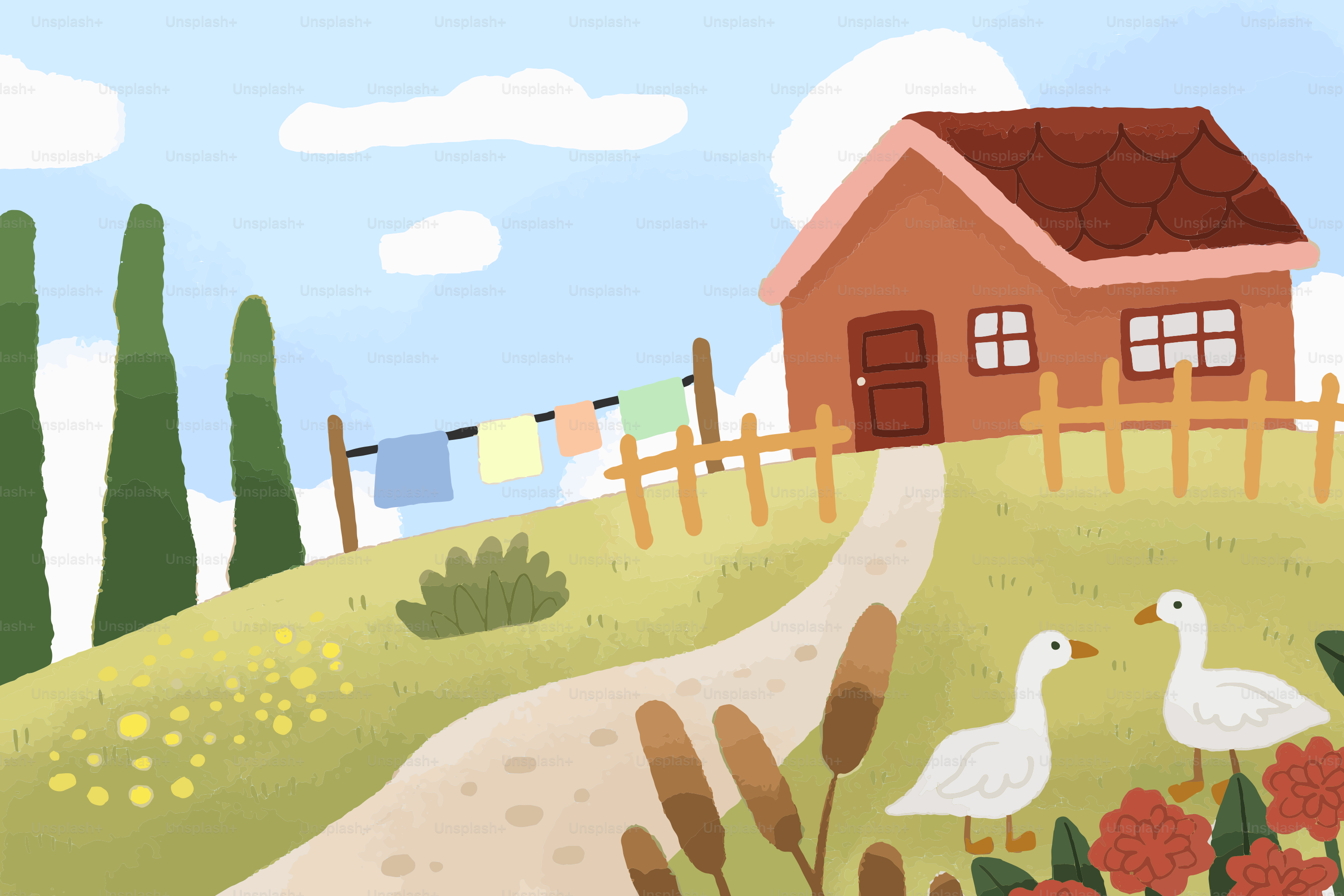 Vektor Cartoon house on a hill with geese and laundry. – Gambar Bunga ...