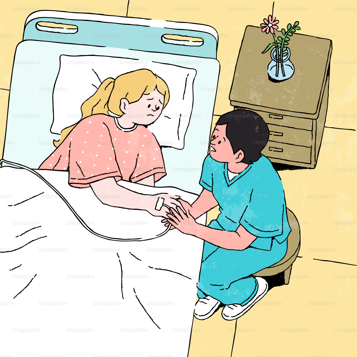 Vektor A nurse comforts a patient in a hospital bed. – Gambar Ilustrasi ...