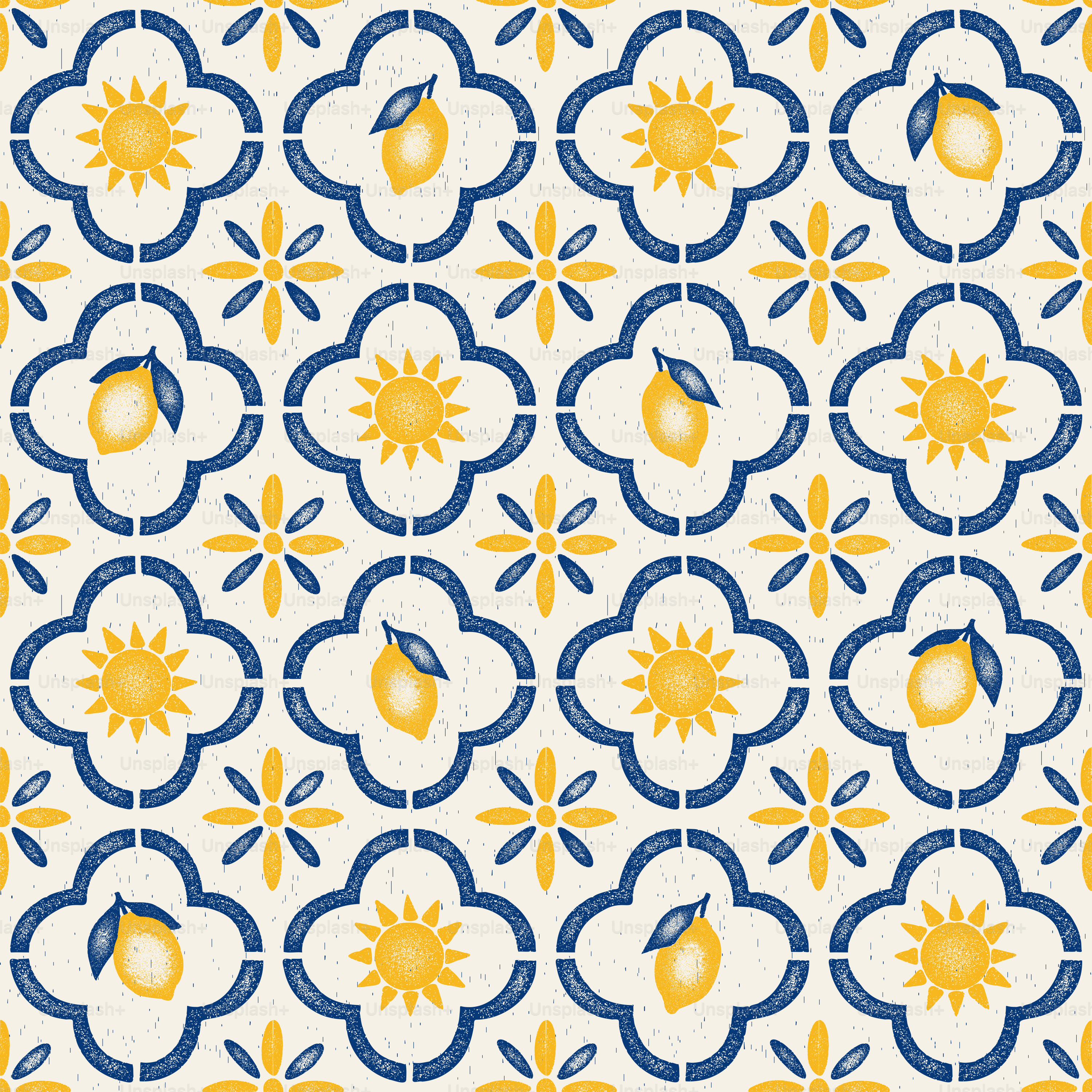 Blue quatrefoil pattern with yellow suns and lemons. vector – Wallpaper ...