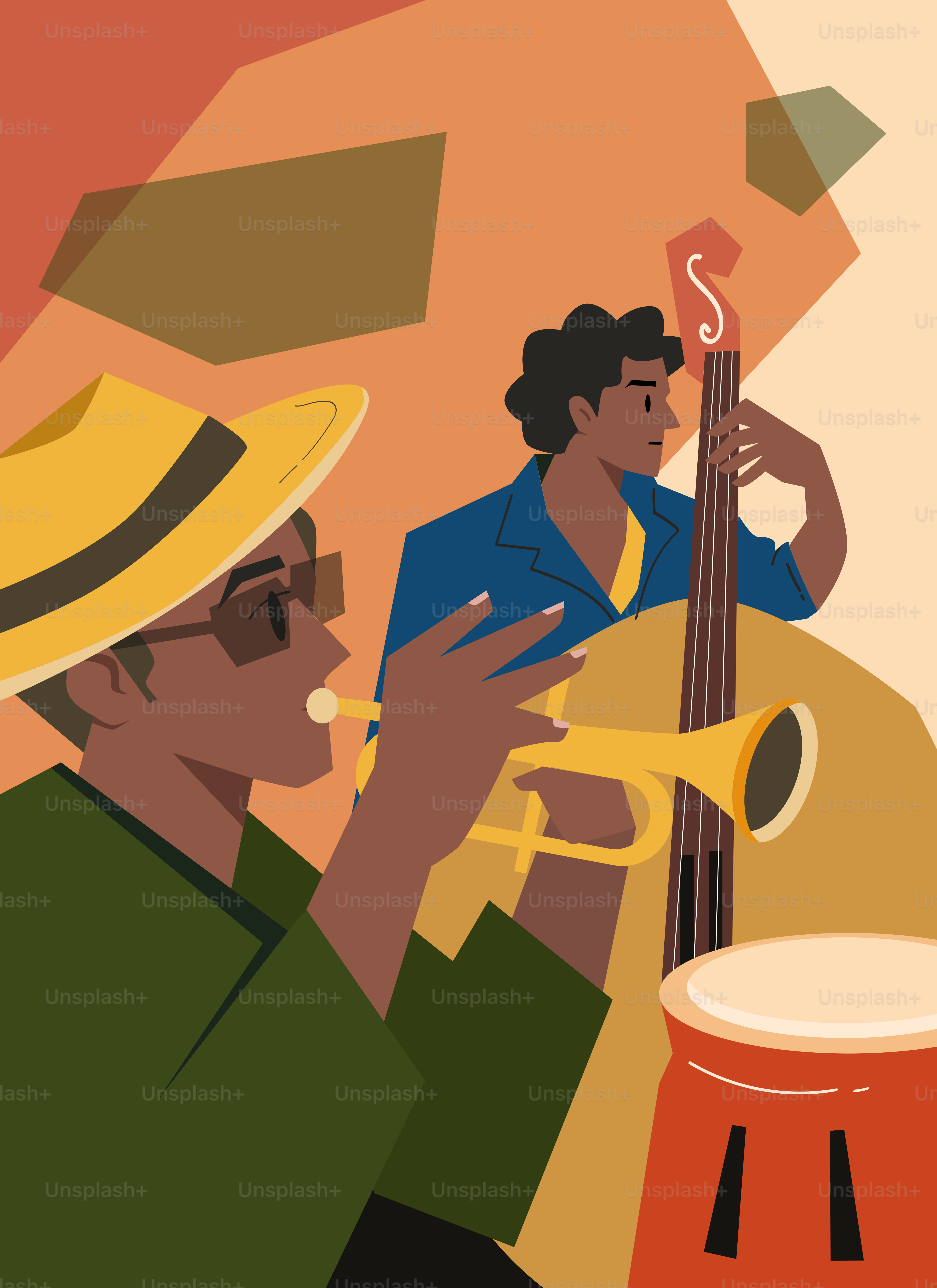 Vektor Dua musisi jazz bermain terompet dan bass ganda. – Gambar ...