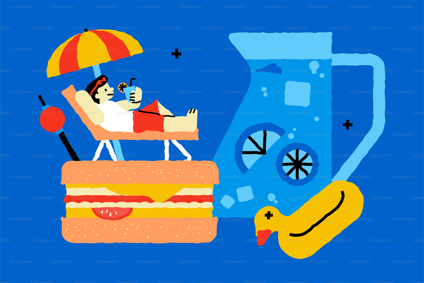 Summertime relaxation with sandwich, lemonade, and rubber duck vector ...