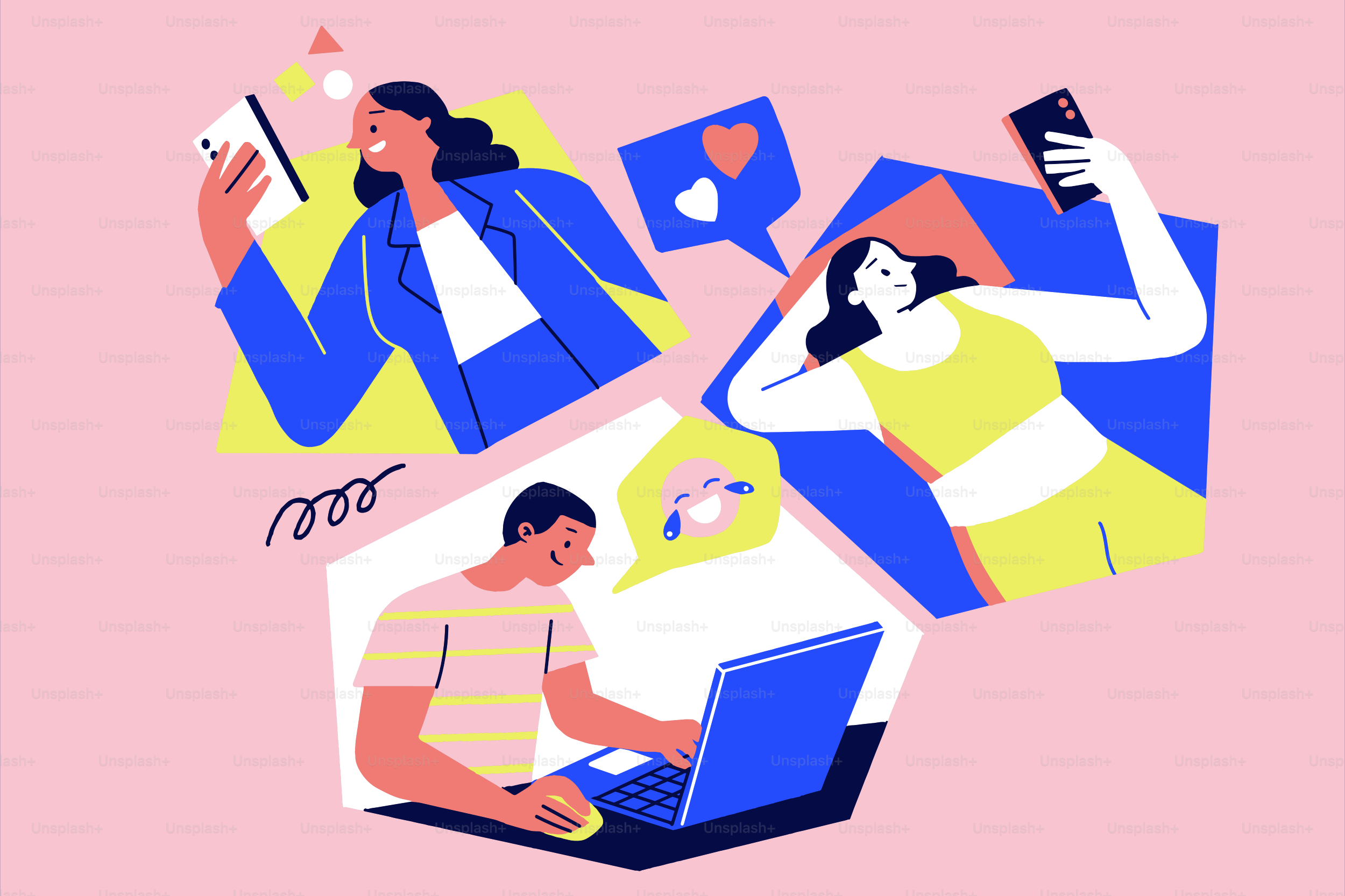 Stylized people sending messages and receiving notifications vector ...